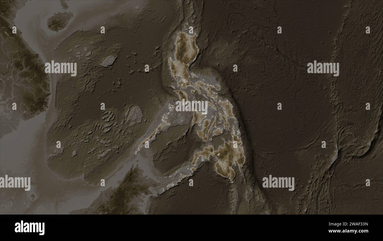 Philippines highlighted on a elevation map colored in sepia tones with ...