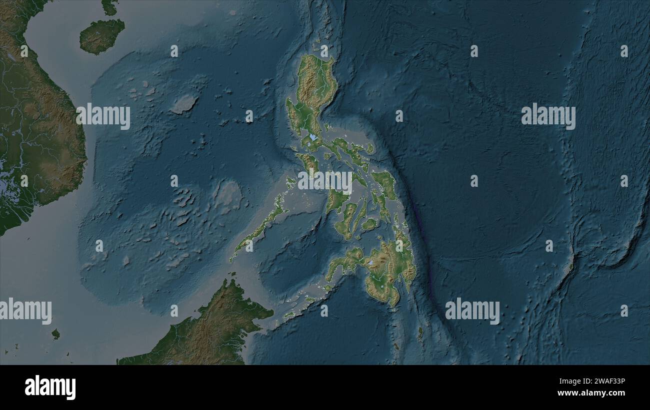 Philippines highlighted on a Pale colored elevation map with lakes and ...