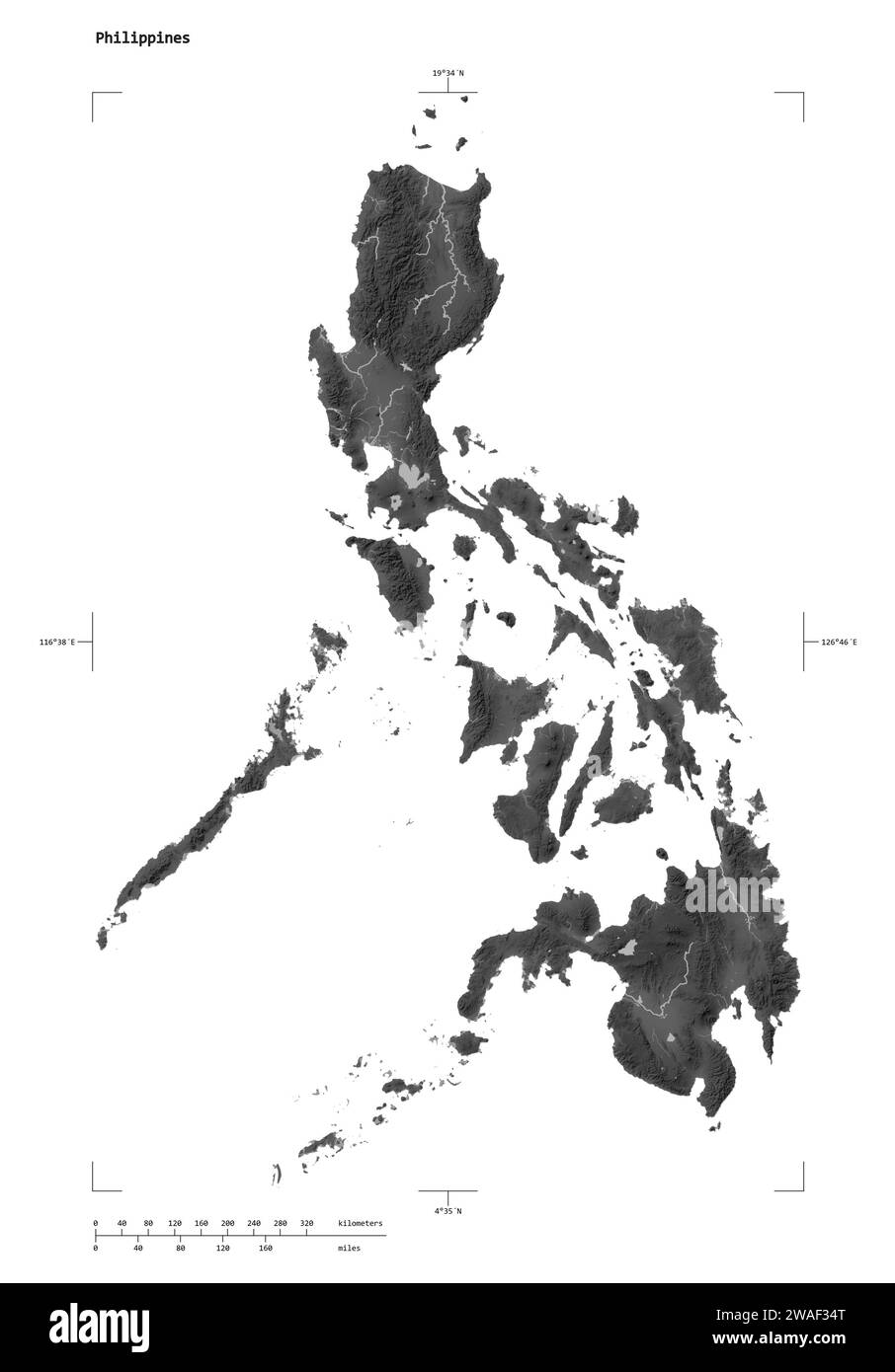 Shape of a Grayscale elevation map with lakes and rivers of the ...