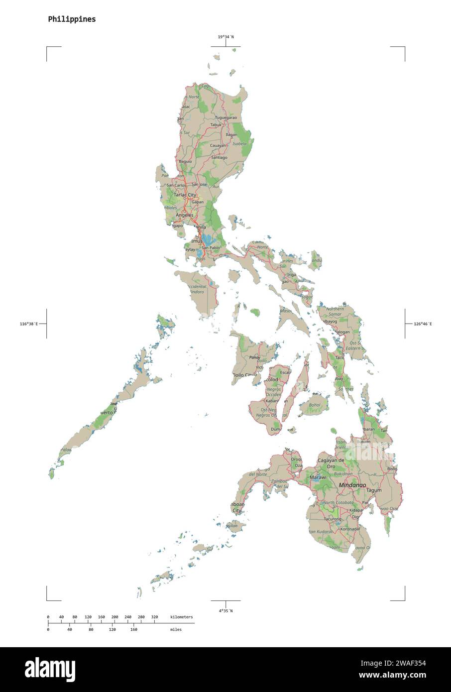 Shape of a topographic, OSM Germany style map of the Philippines, with ...