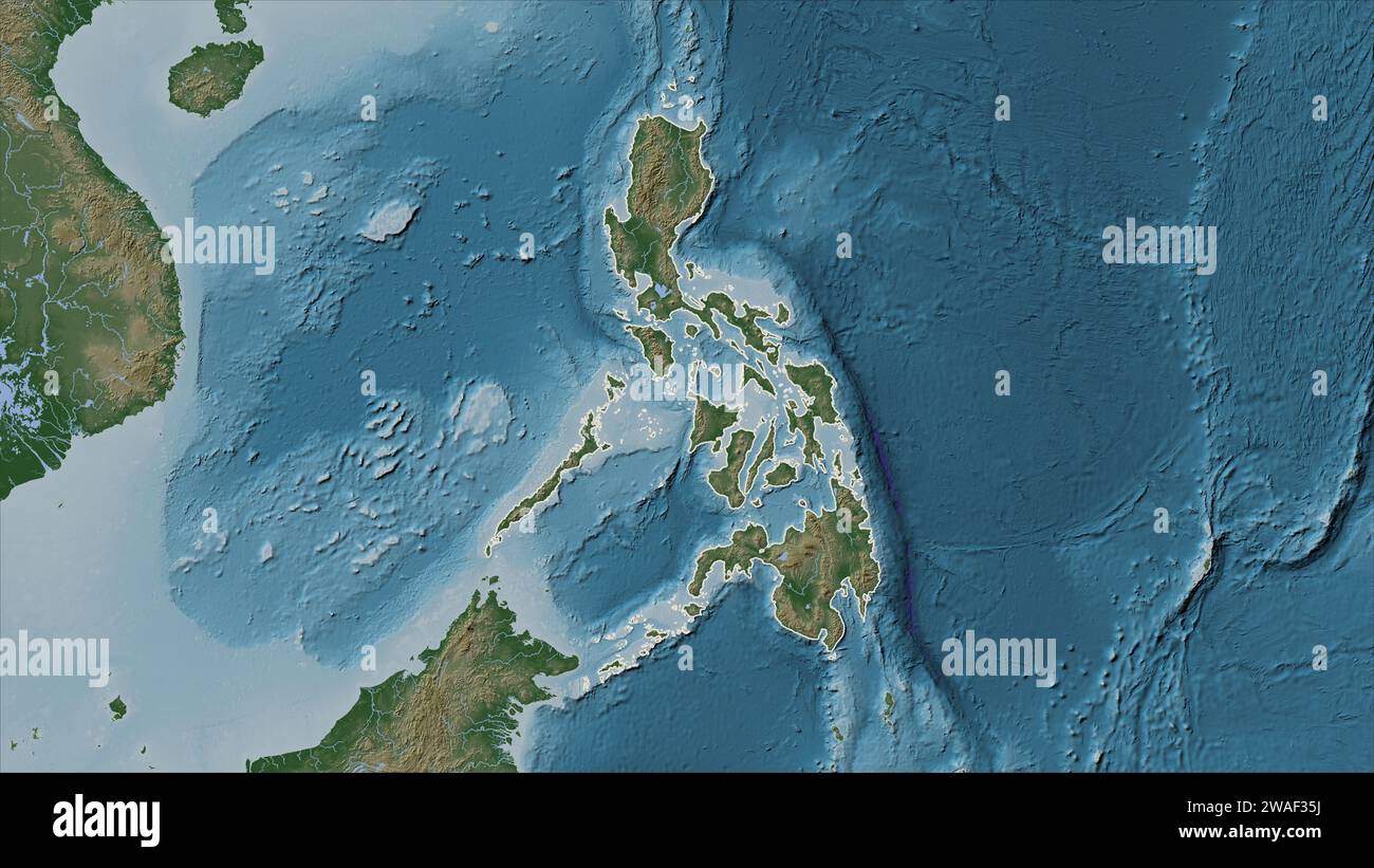 Philippines outlined on a Pale colored elevation map with lakes and ...