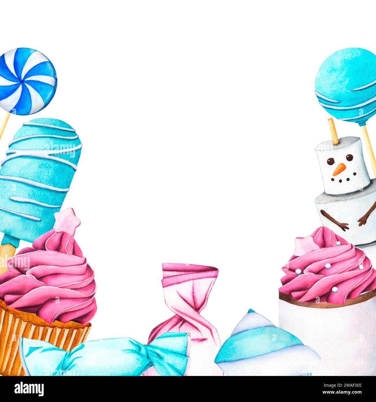 Frame. Sweet dessert ice creams, cupcake with pink berry cream and ...