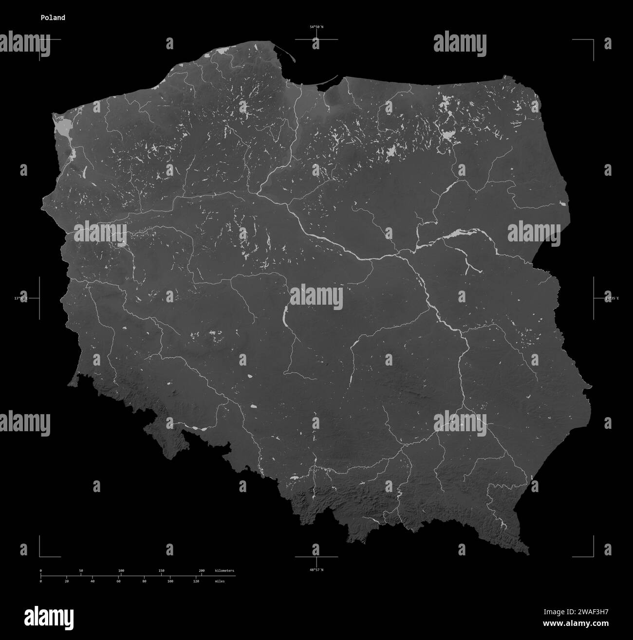 Shape of a Grayscale elevation map with lakes and rivers of the Poland, with distance scale and ...