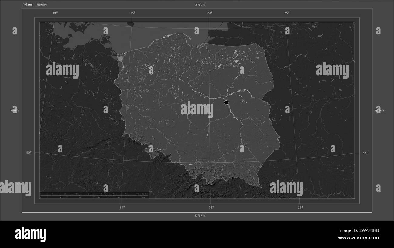Poland highlighted on a Bilevel elevation map with lakes and rivers map ...
