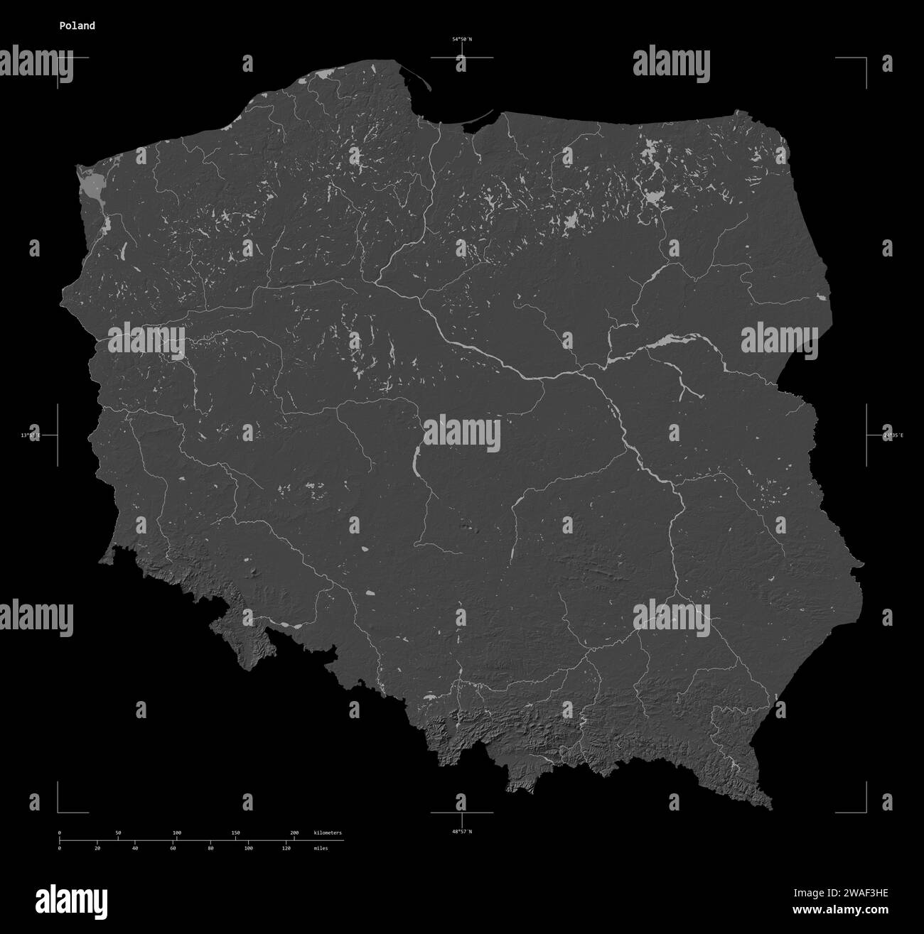 Shape of a Bilevel elevation map with lakes and rivers of the Poland ...