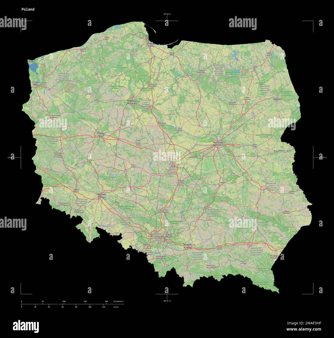 Shape of a topographic, OSM Germany style map of the Poland, with distance scale and map border ...