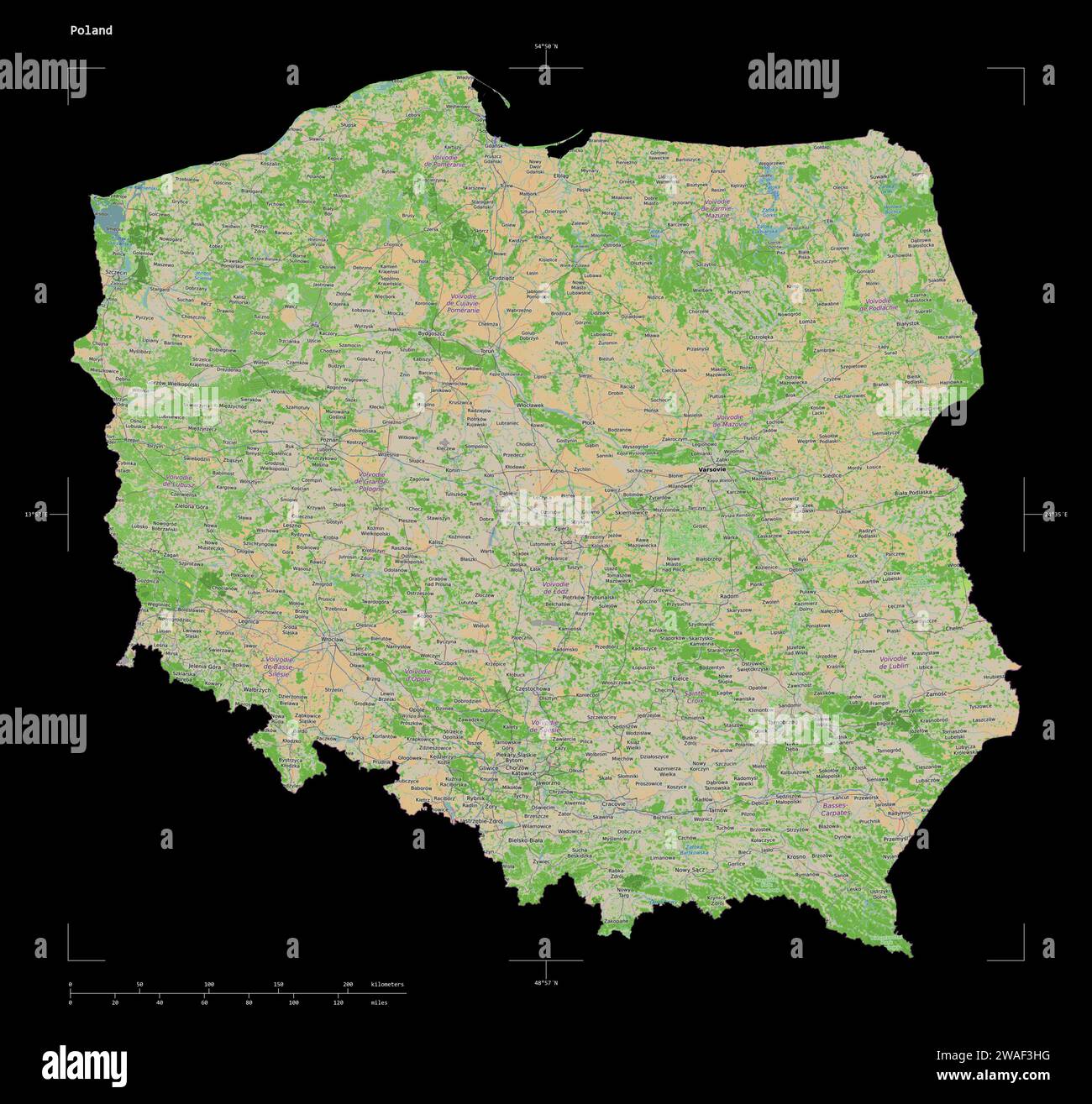 Shape of a topographic, OSM France style map of the Poland, with ...