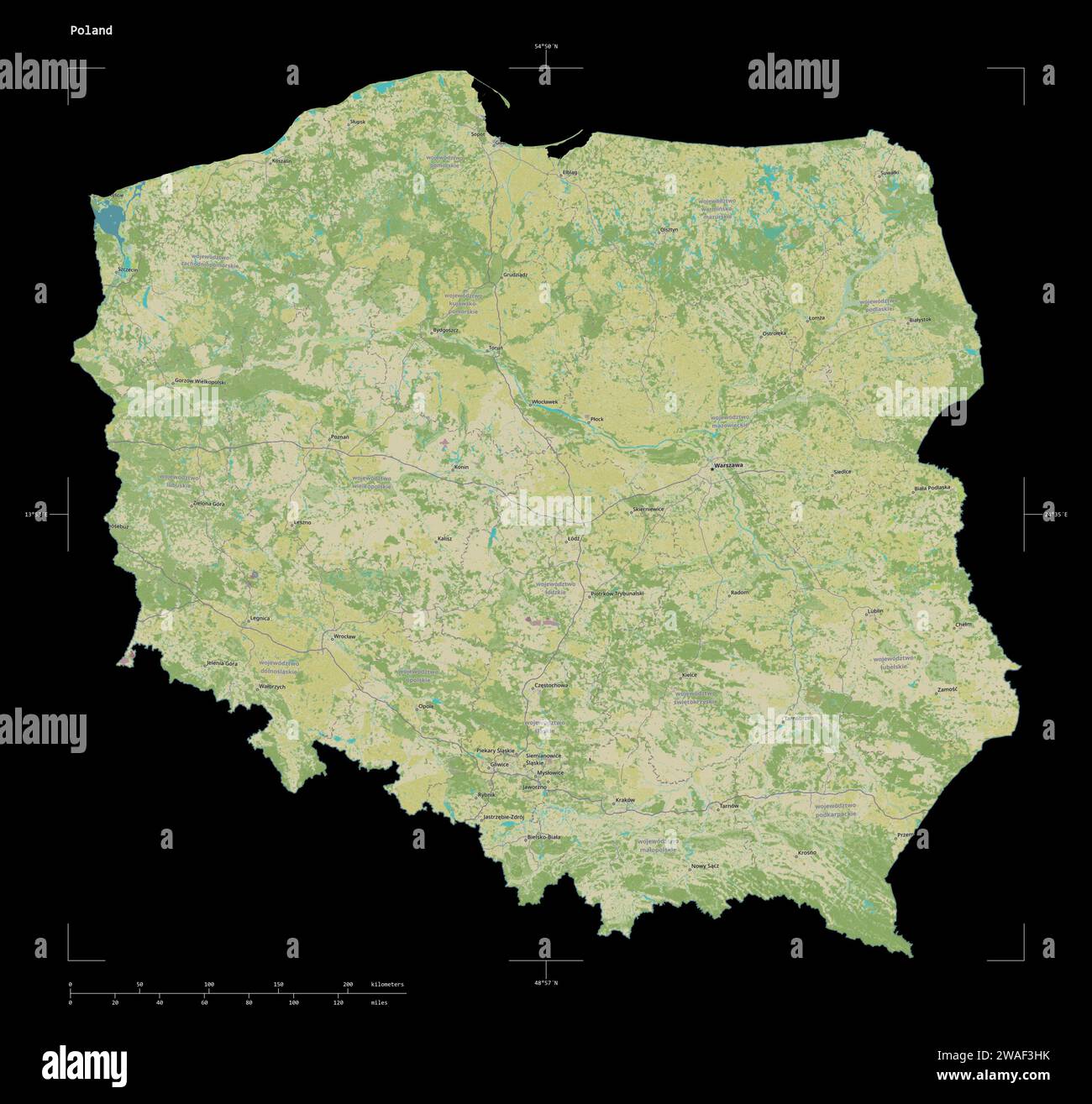 Shape of a topographic, OSM Humanitarian style map of the Poland, with ...