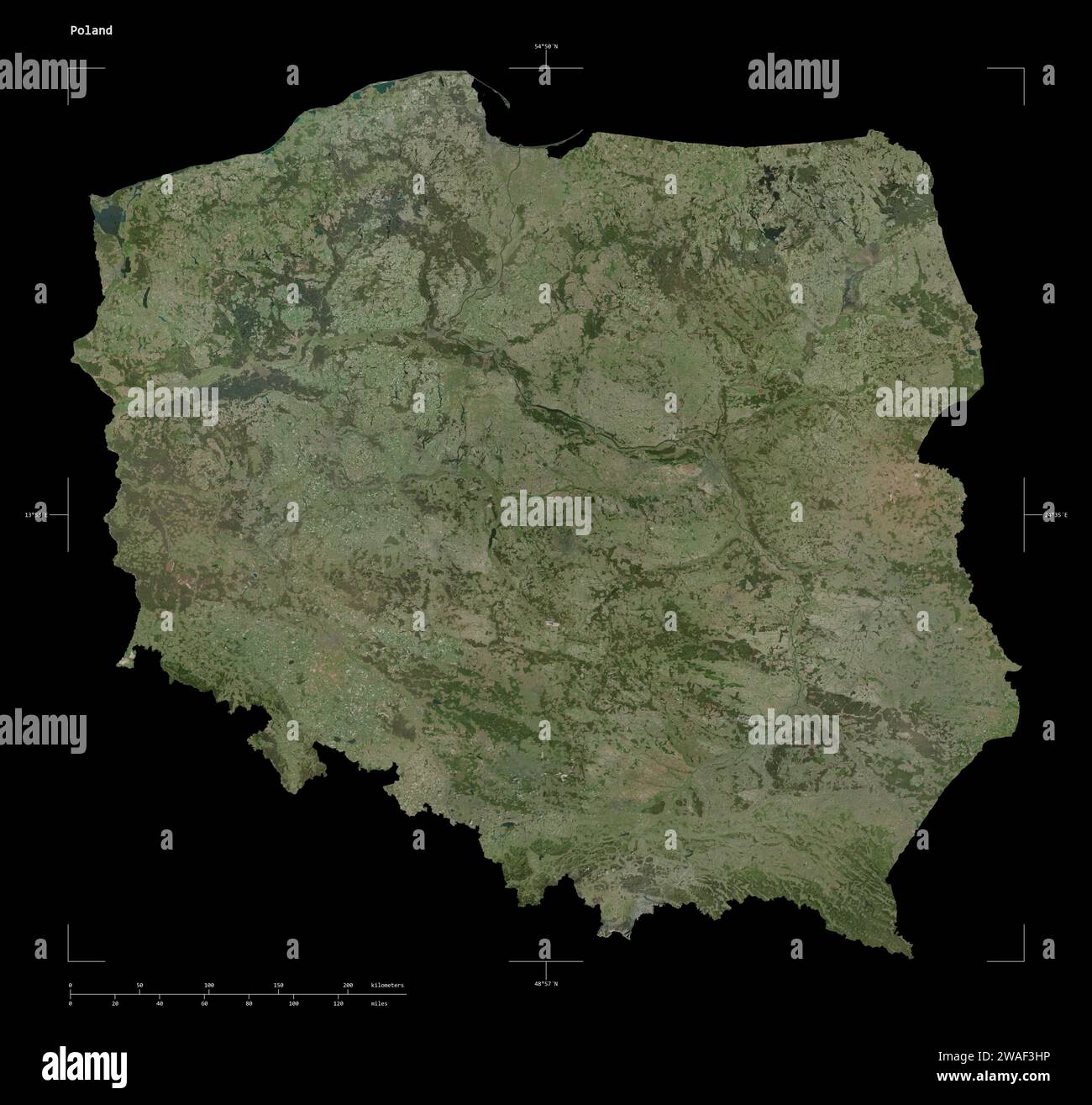 Shape of a high resolution satellite map of the Poland, with distance ...