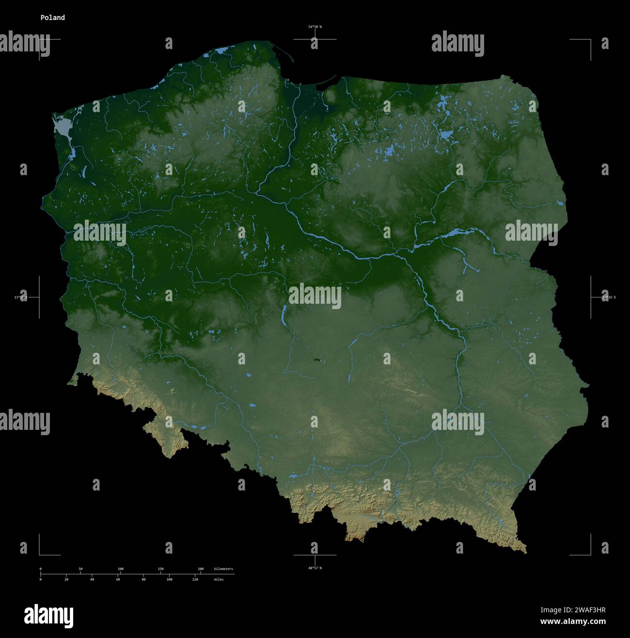 Shape of a Colored elevation map with lakes and rivers of the Poland ...