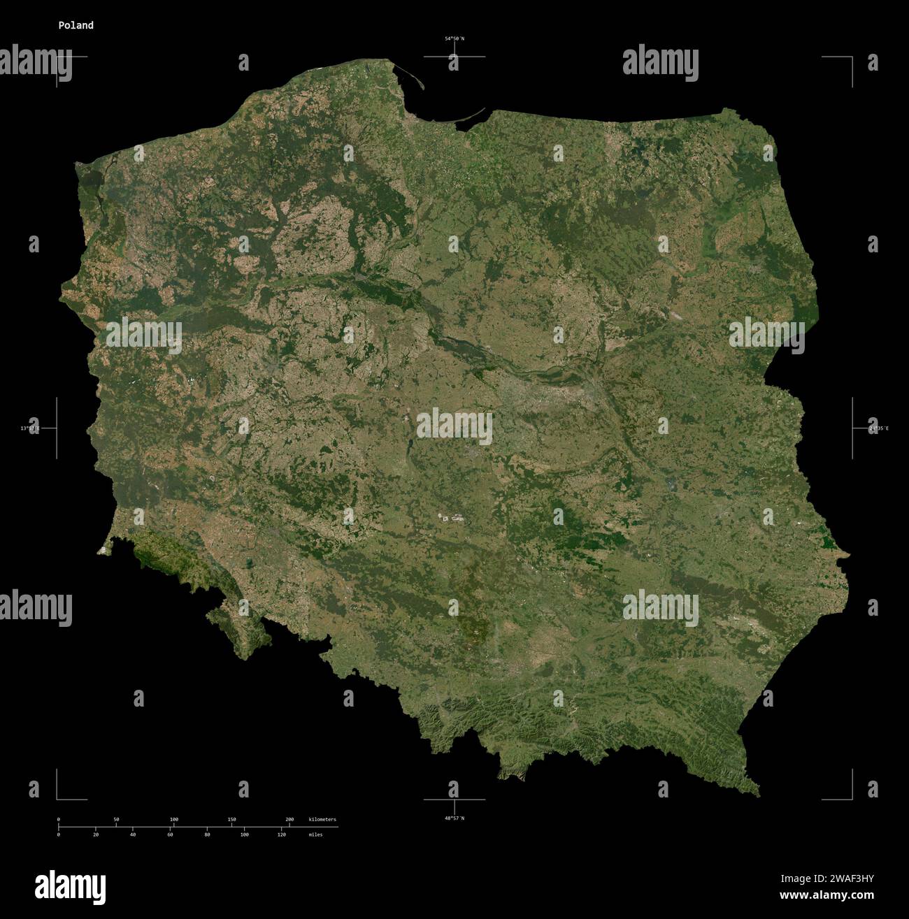 Shape of a low resolution satellite map of the Poland, with distance ...