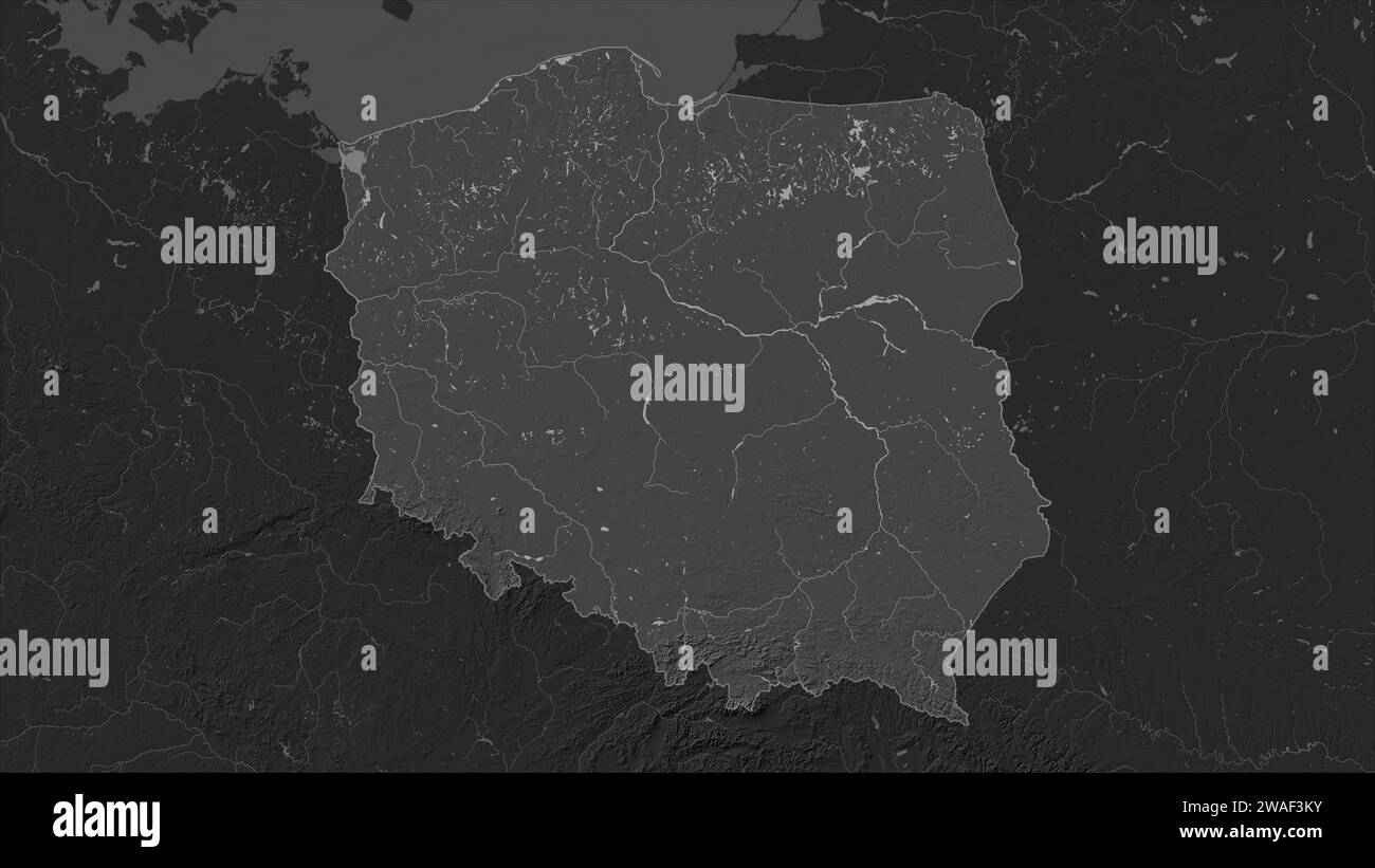 Poland highlighted on a Bilevel elevation map with lakes and rivers ...