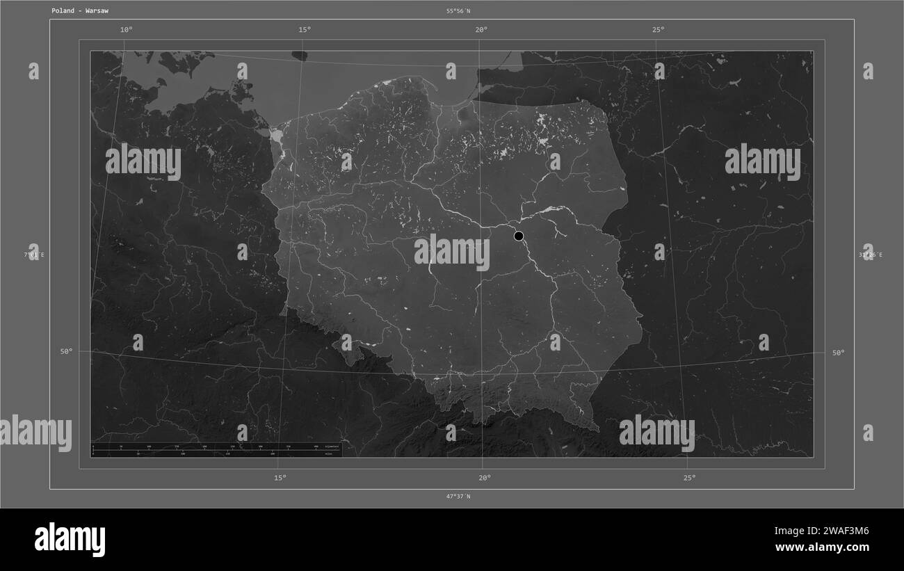 Poland highlighted on a Grayscale elevation map with lakes and rivers ...