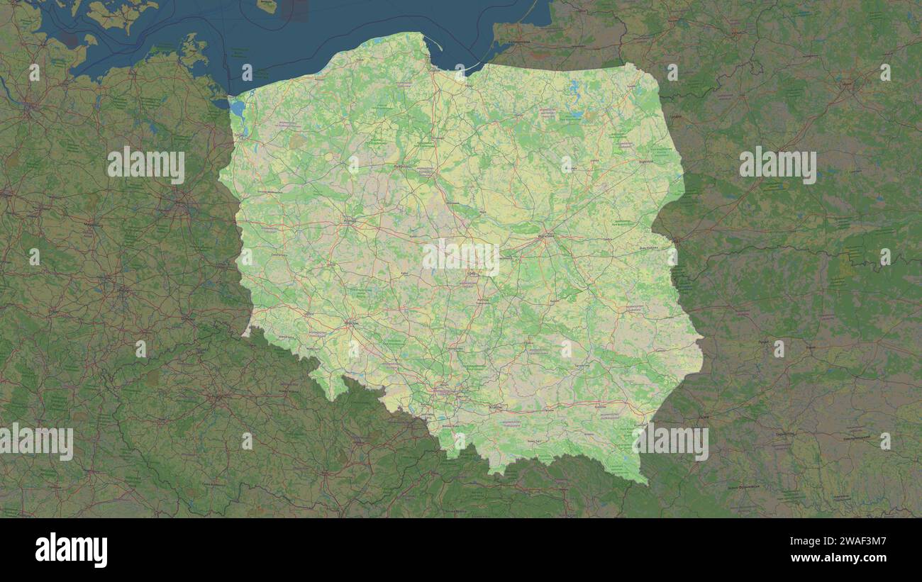 Poland highlighted on a topographic, OSM standard style map Stock Photo ...