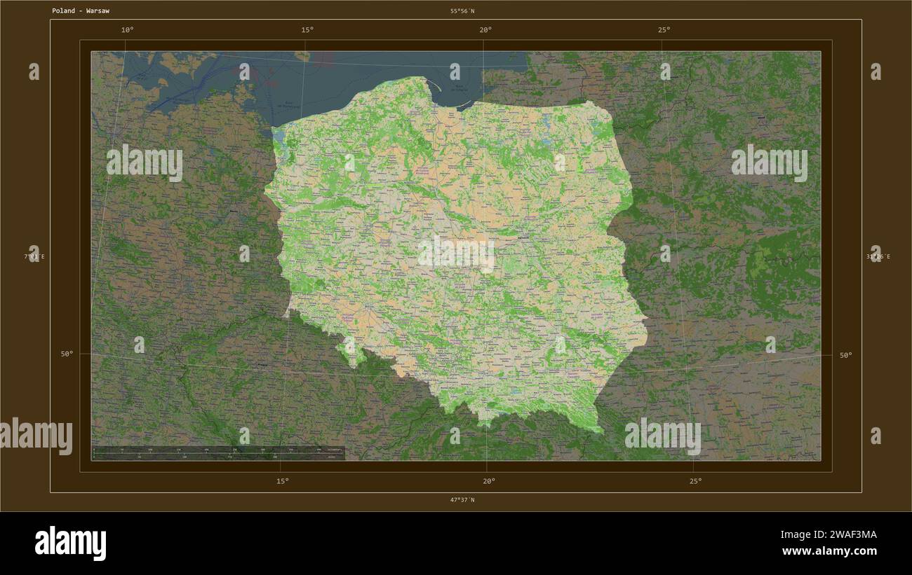 Poland highlighted on a topographic, OSM France style map map with the ...