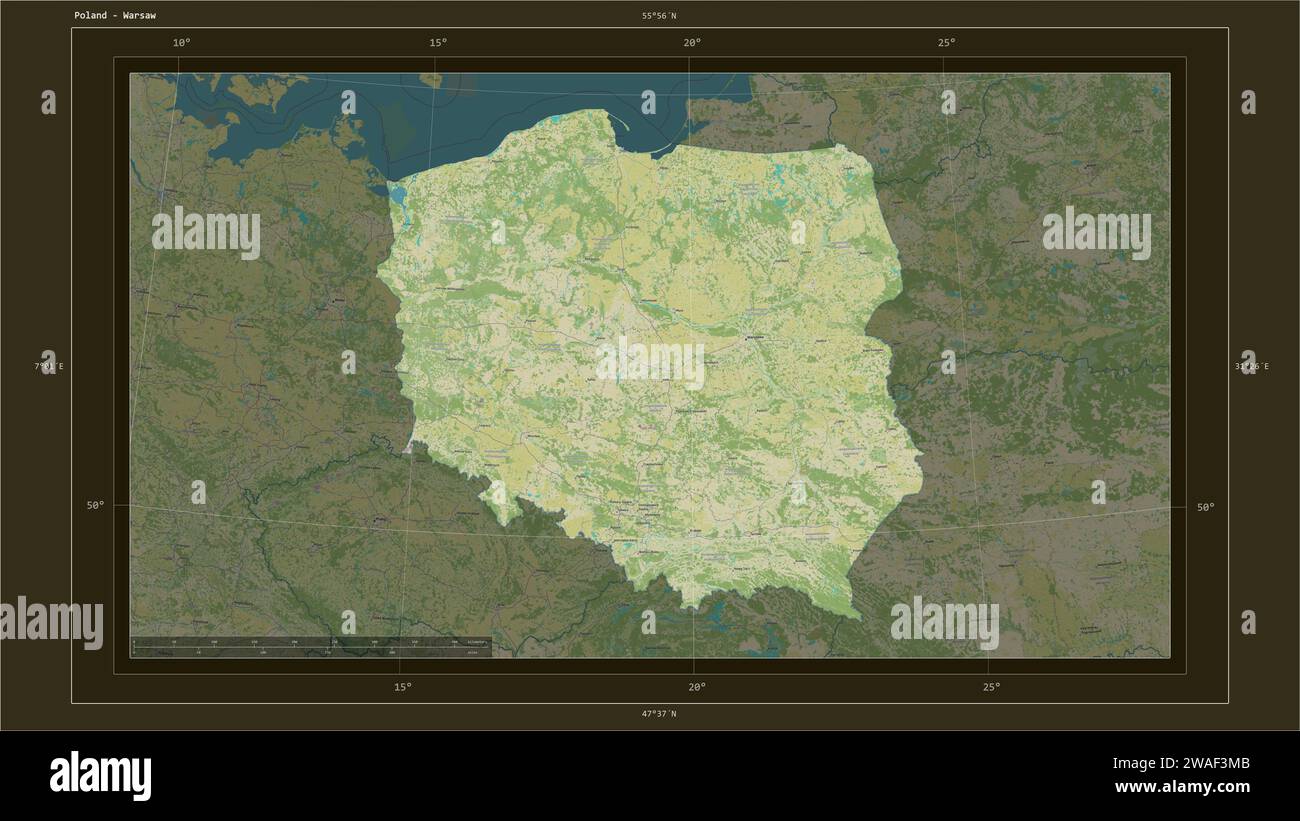 Poland highlighted on a topographic, OSM Humanitarian style map map ...
