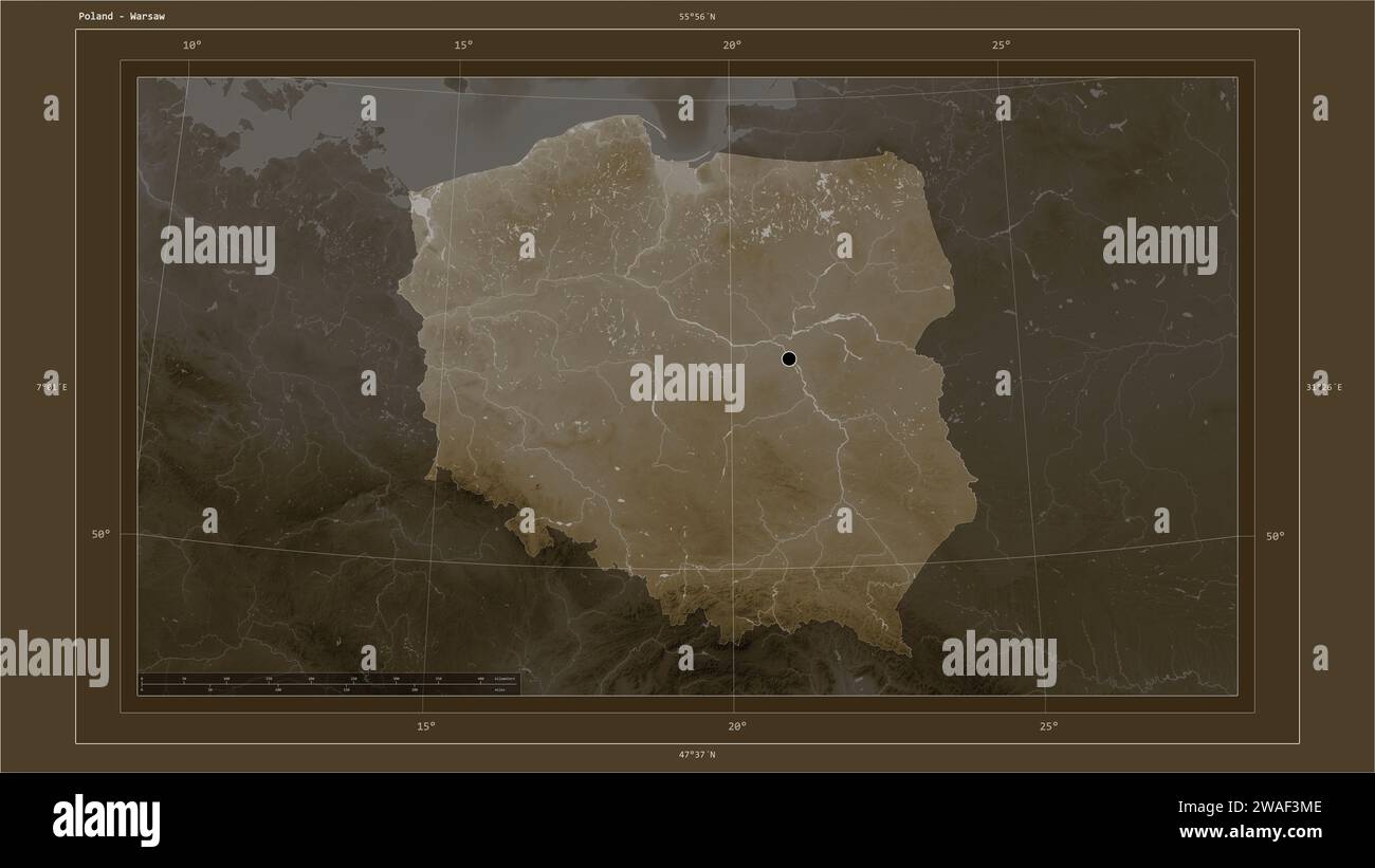 Poland highlighted on a elevation map colored in sepia tones with lakes ...