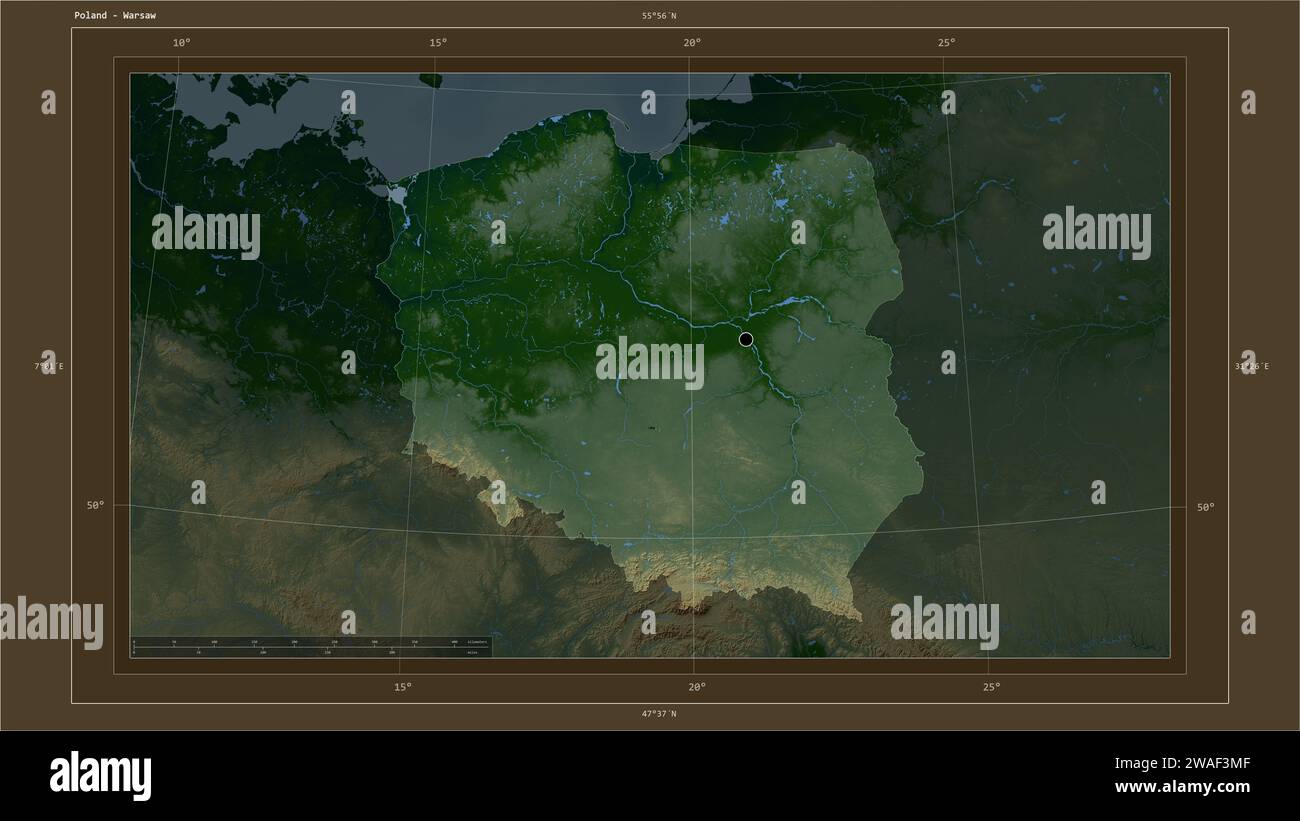 Poland highlighted on a Colored elevation map with lakes and rivers map ...