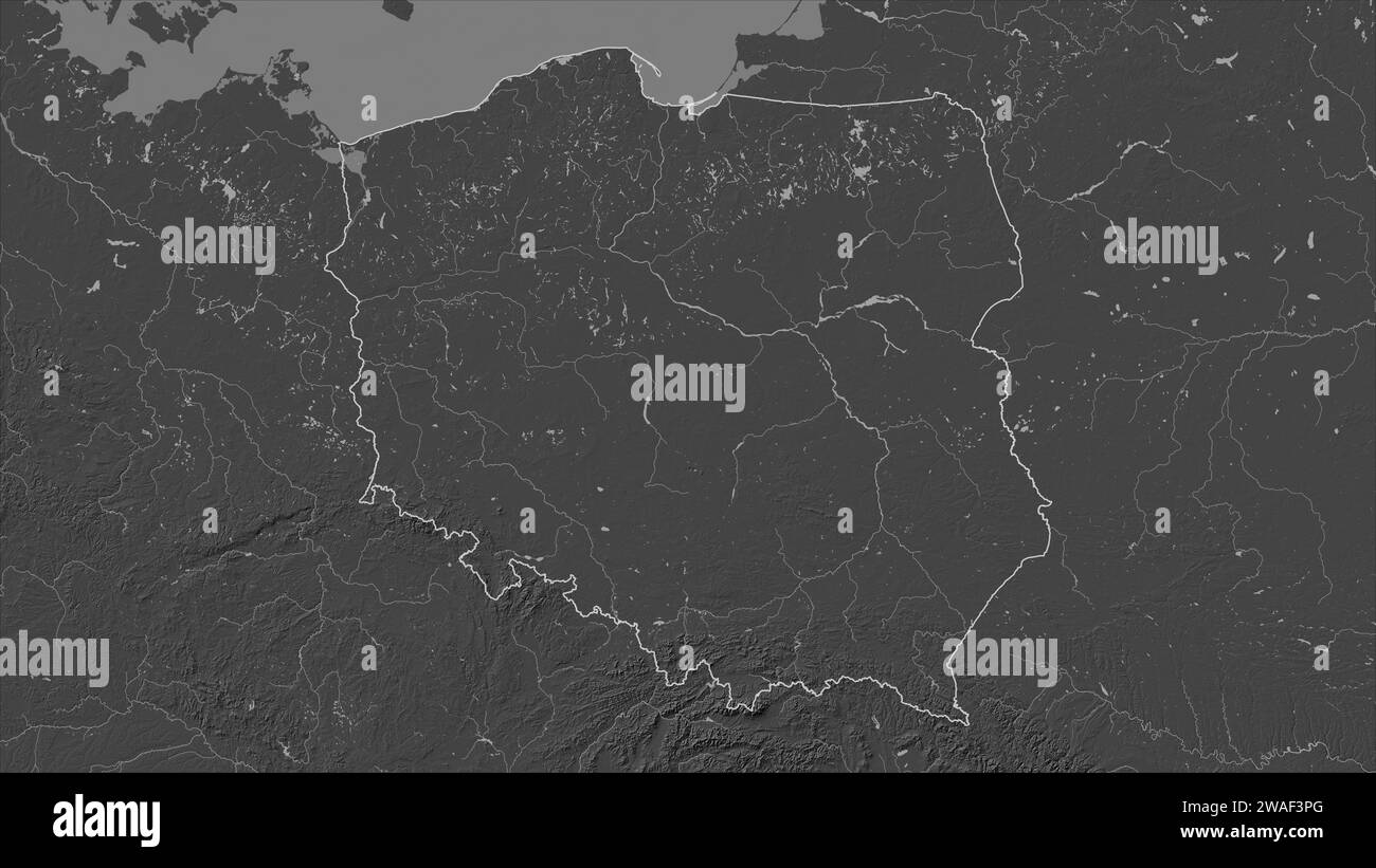 Poland outlined on a Bilevel elevation map with lakes and rivers Stock ...