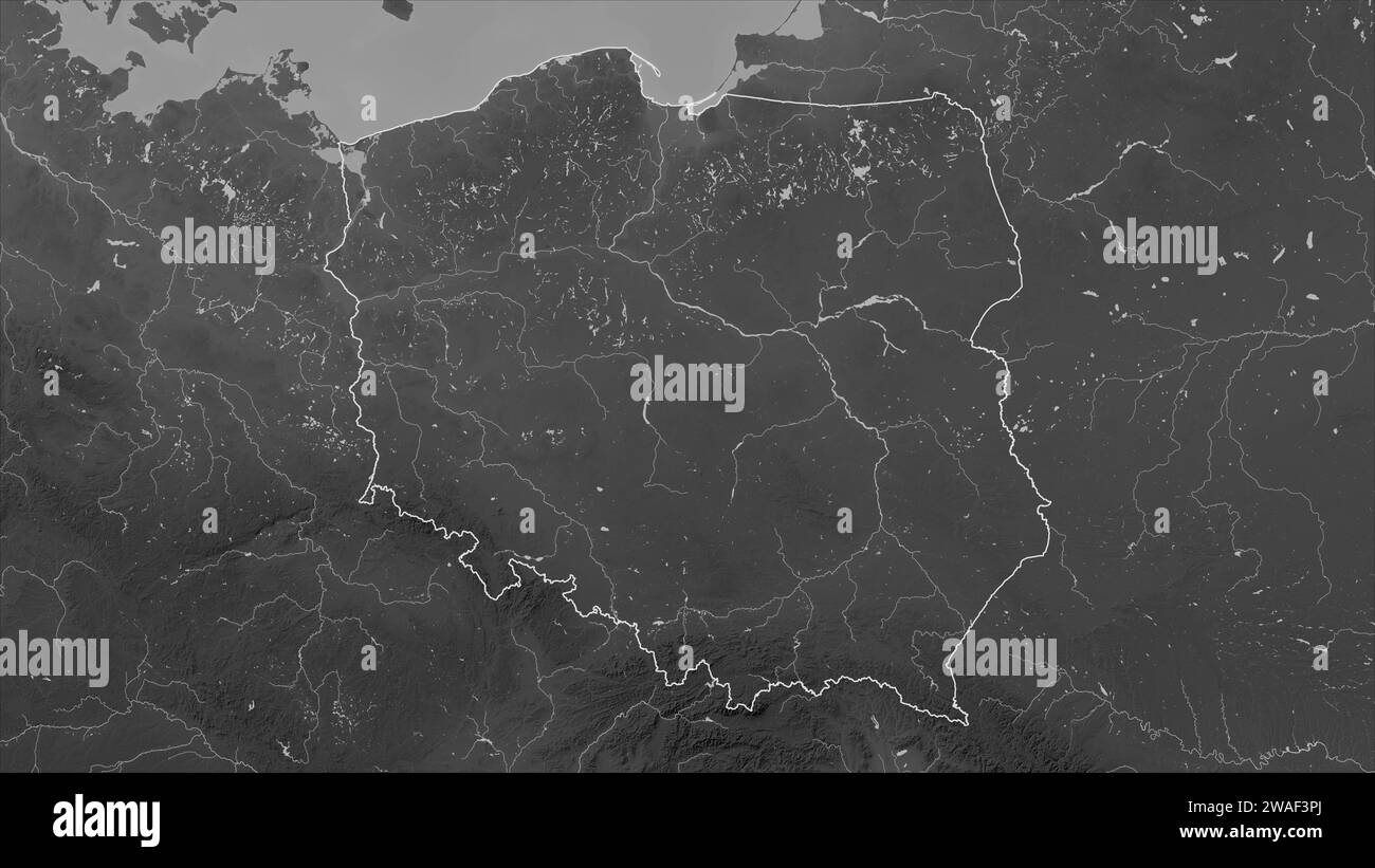 Poland outlined on a Grayscale elevation map with lakes and rivers ...