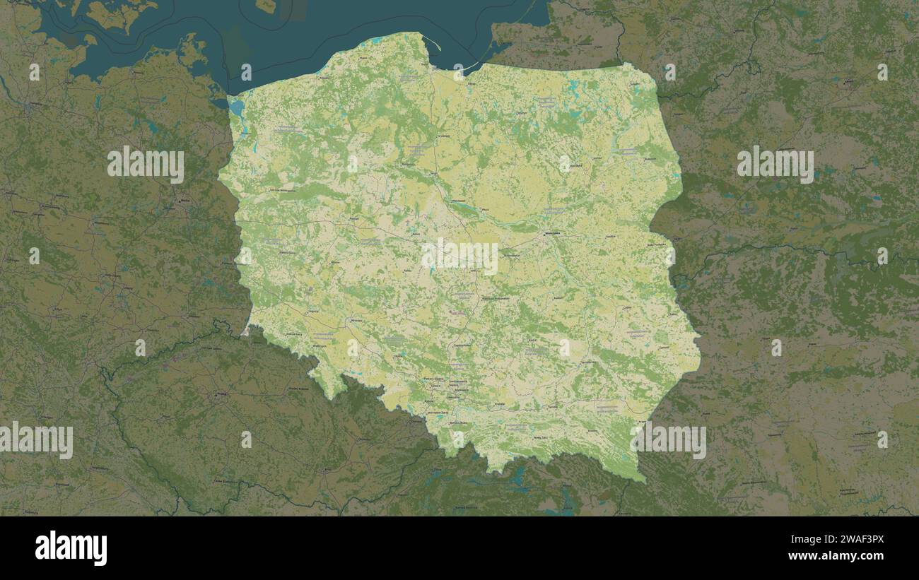 Poland highlighted on a topographic, OSM Humanitarian style map Stock ...