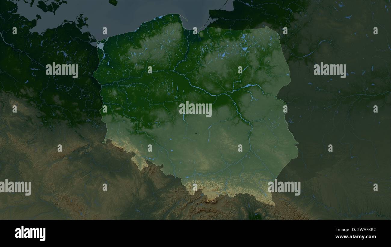 Poland highlighted on a Colored elevation map with lakes and rivers ...