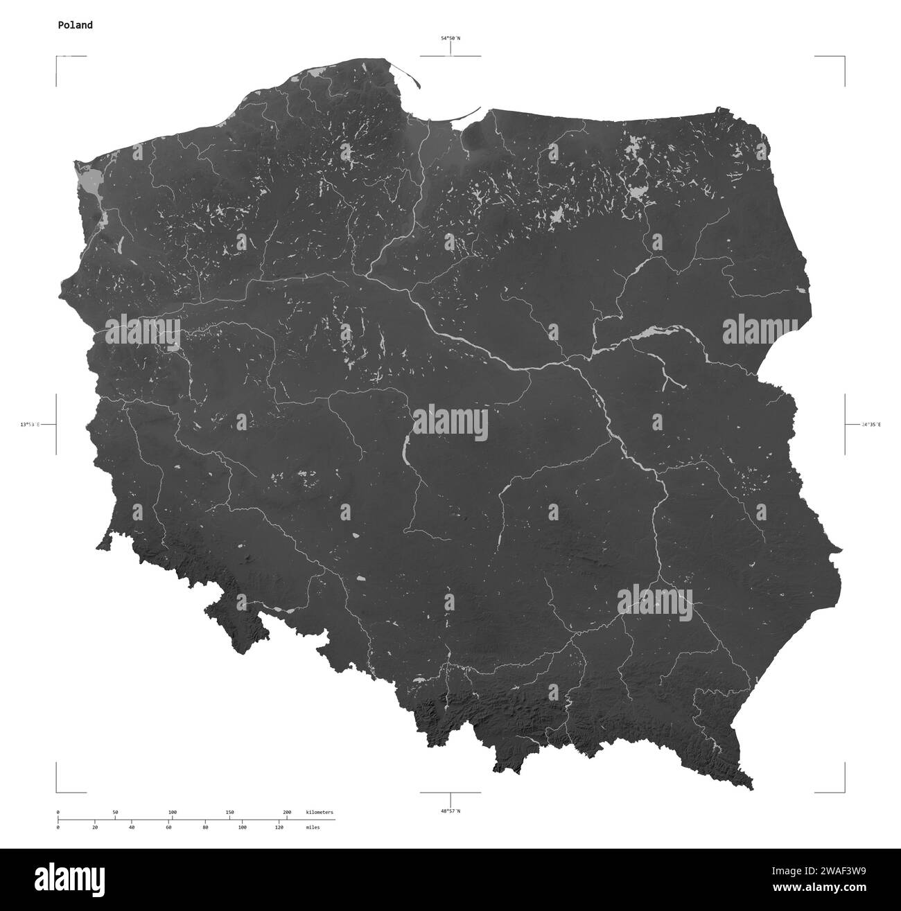 Shape of a Grayscale elevation map with lakes and rivers of the Poland, with distance scale and ...