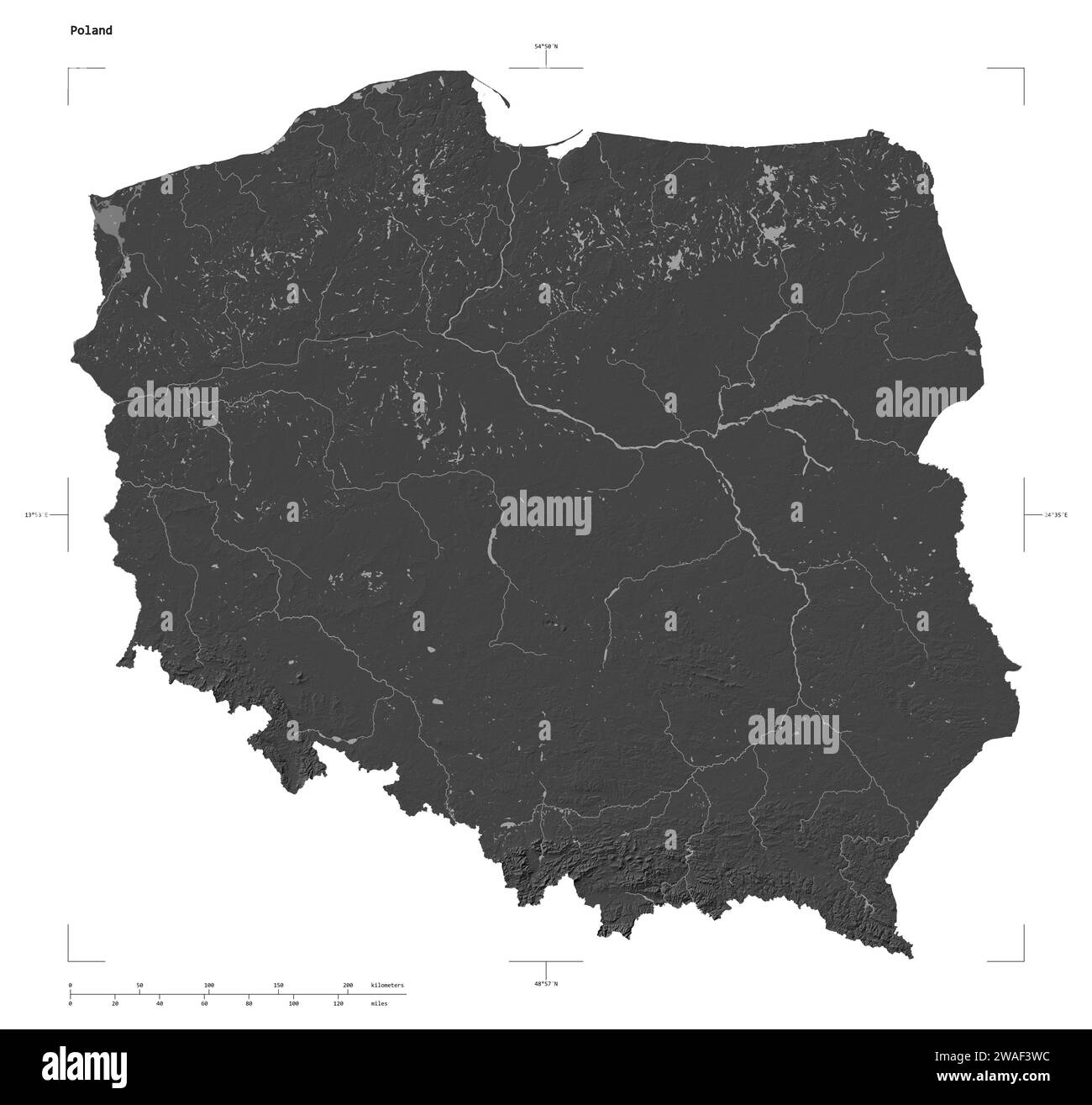Shape of a Bilevel elevation map with lakes and rivers of the Poland, with distance scale and ...