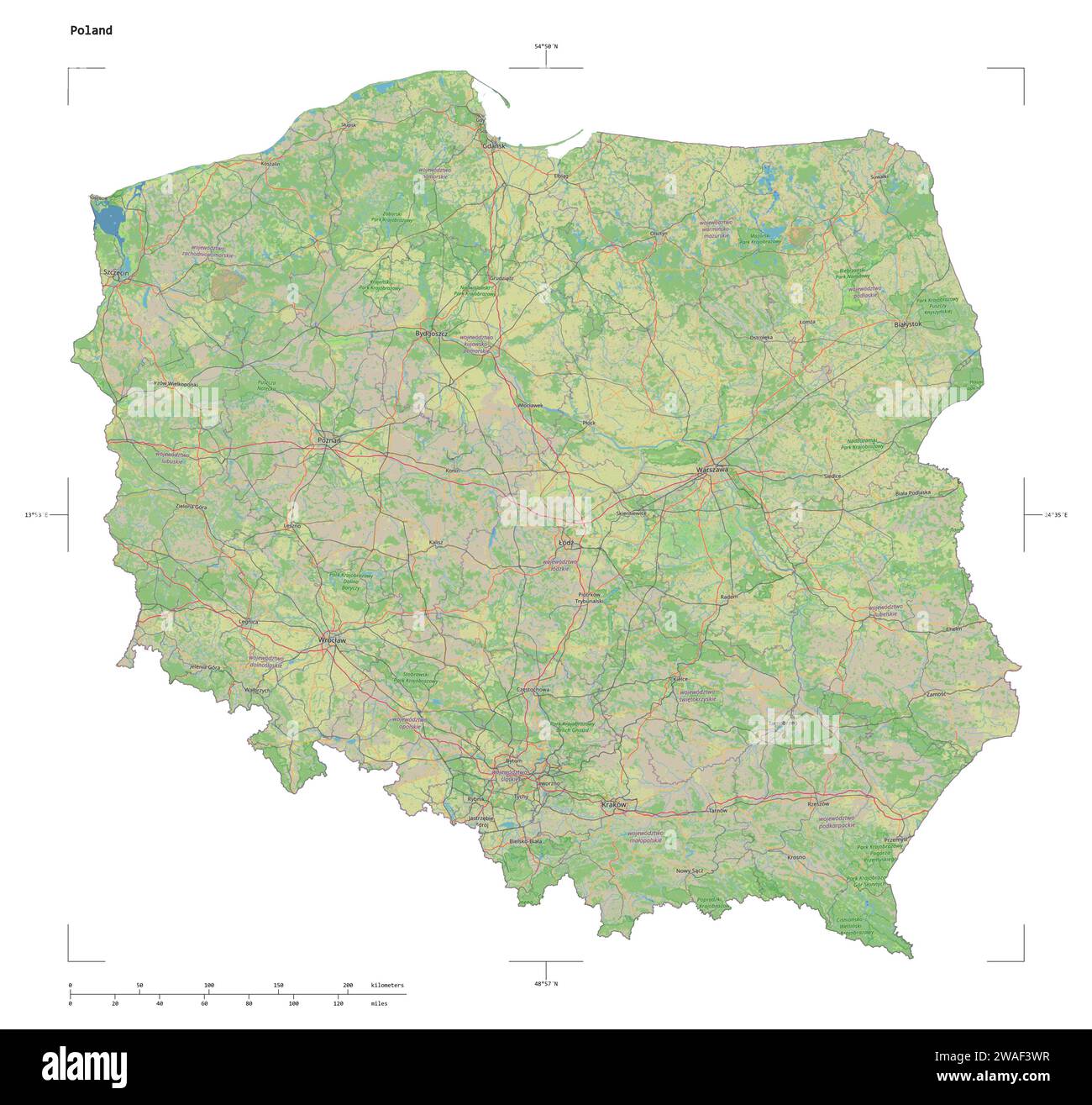 Shape of a topographic, OSM standard style map of the Poland, with ...