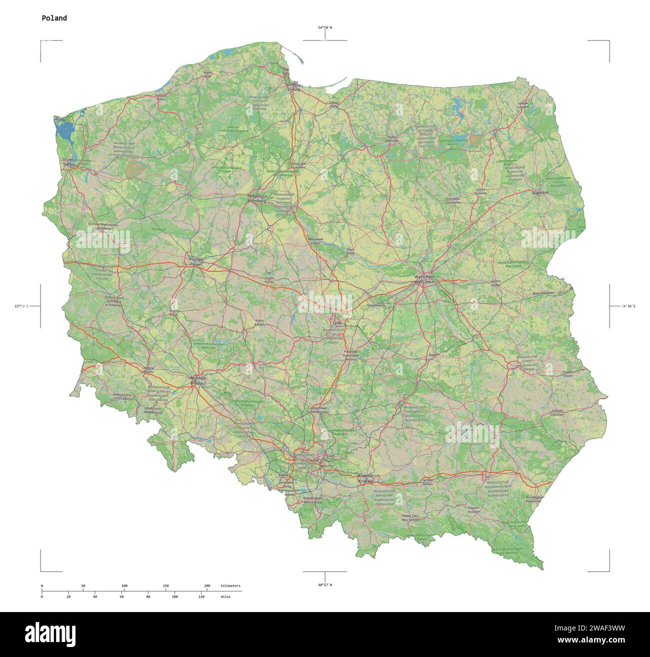 Shape of a topographic, OSM Germany style map of the Poland, with ...