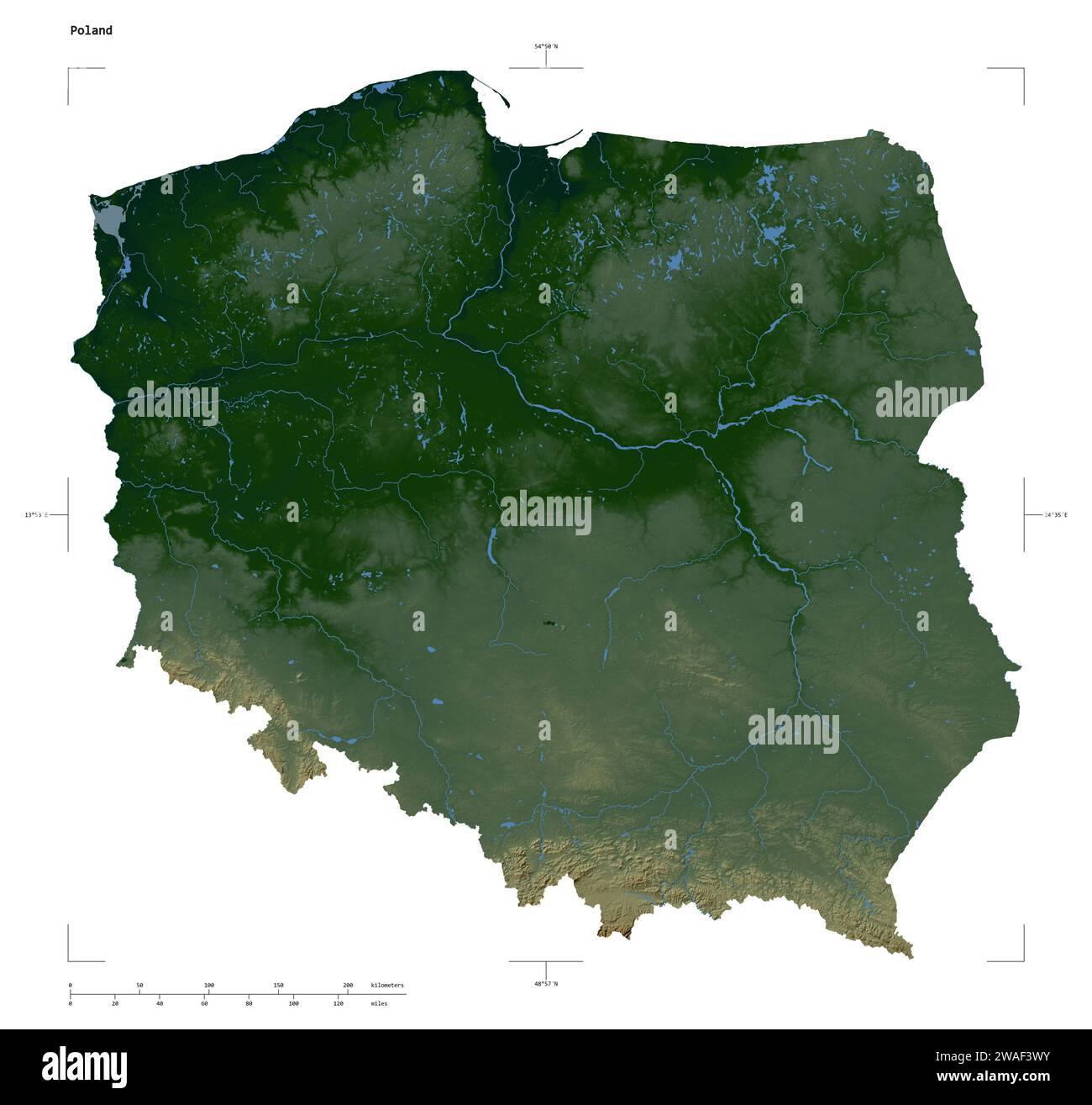 Shape of a Colored elevation map with lakes and rivers of the Poland ...