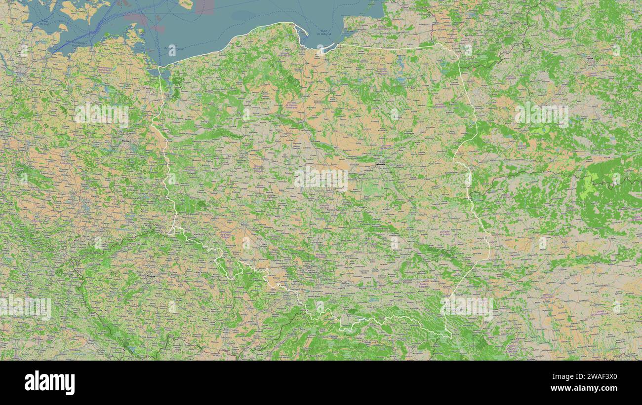 Poland outlined on a topographic, OSM France style map Stock Photo - Alamy