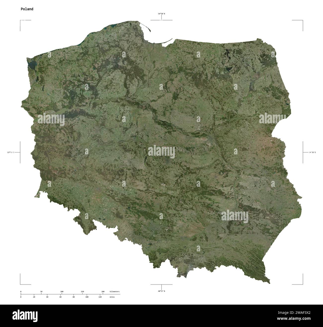 Shape of a high resolution satellite map of the Poland, with distance ...