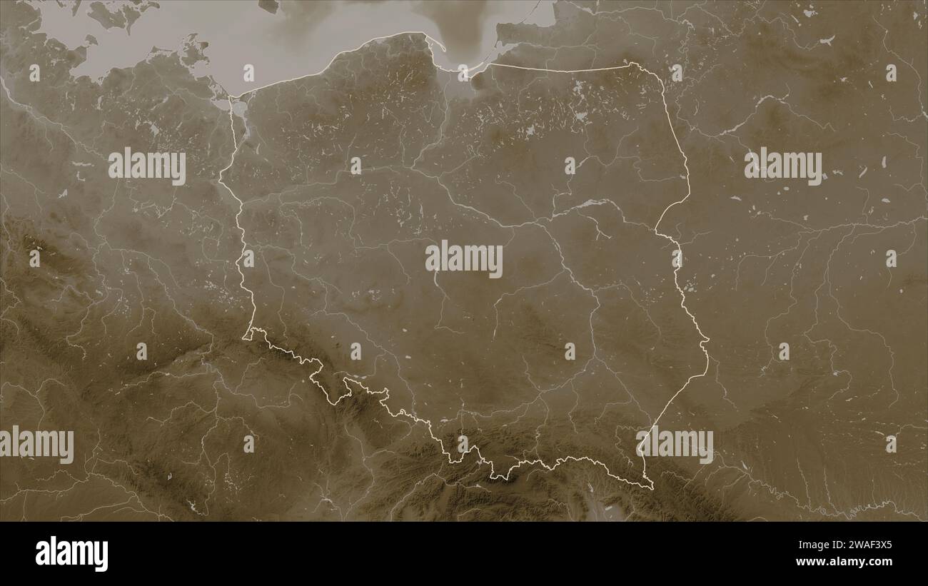 Poland outlined on a elevation map colored in sepia tones with lakes ...