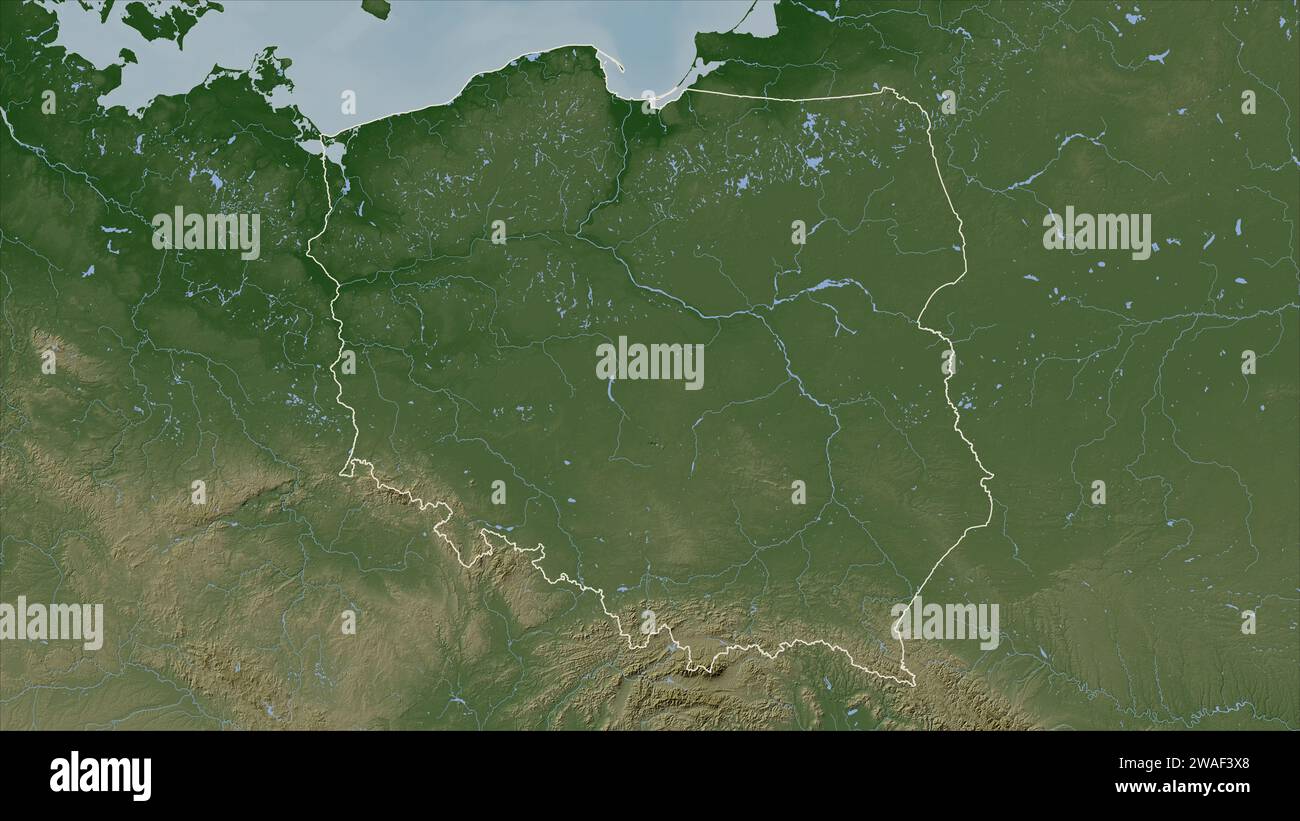 Poland outlined on a Pale colored elevation map with lakes and rivers ...