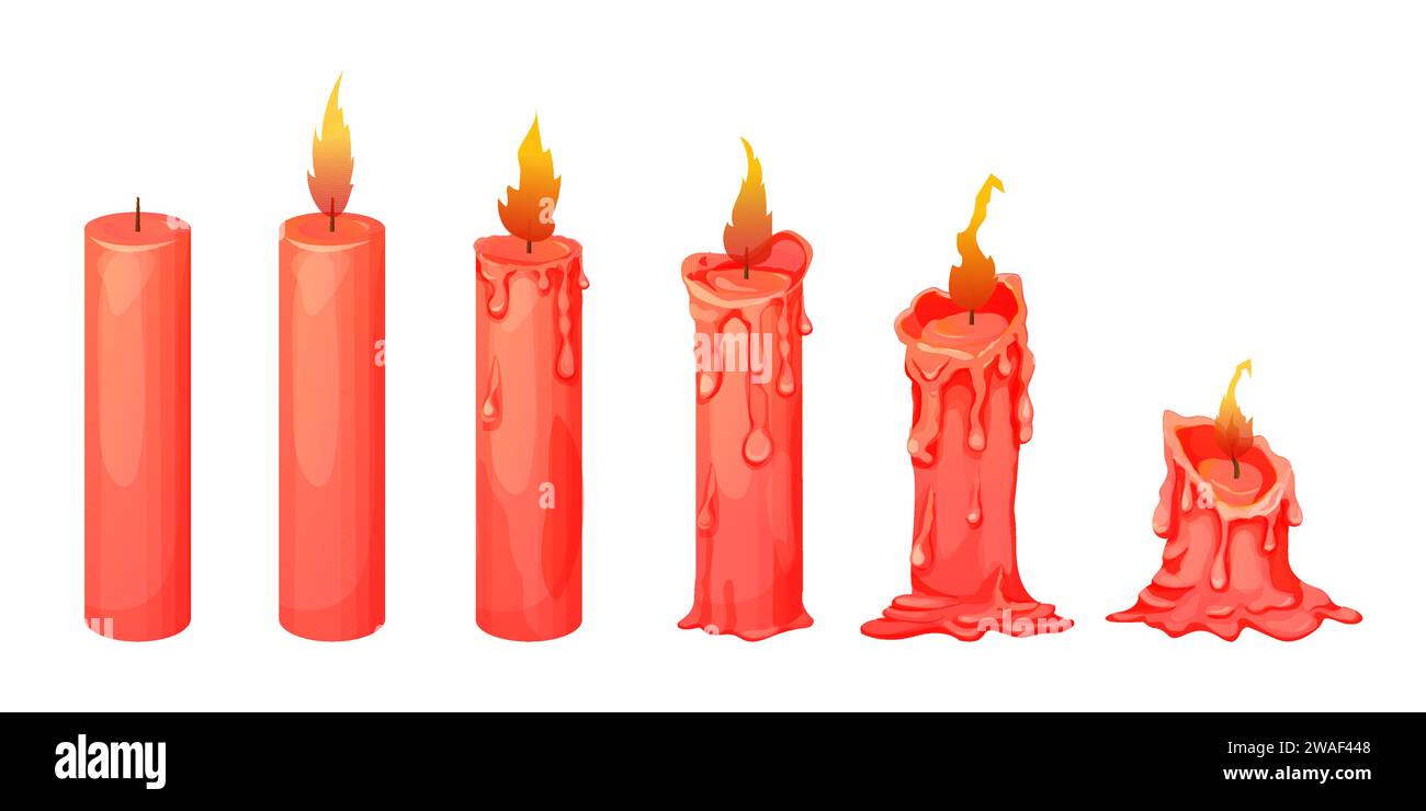 Set red wax candle stages burning with fire, flame in cartoon style ...