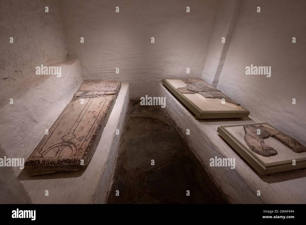 Catacomb area where there are remains of ancient tombstones that ...