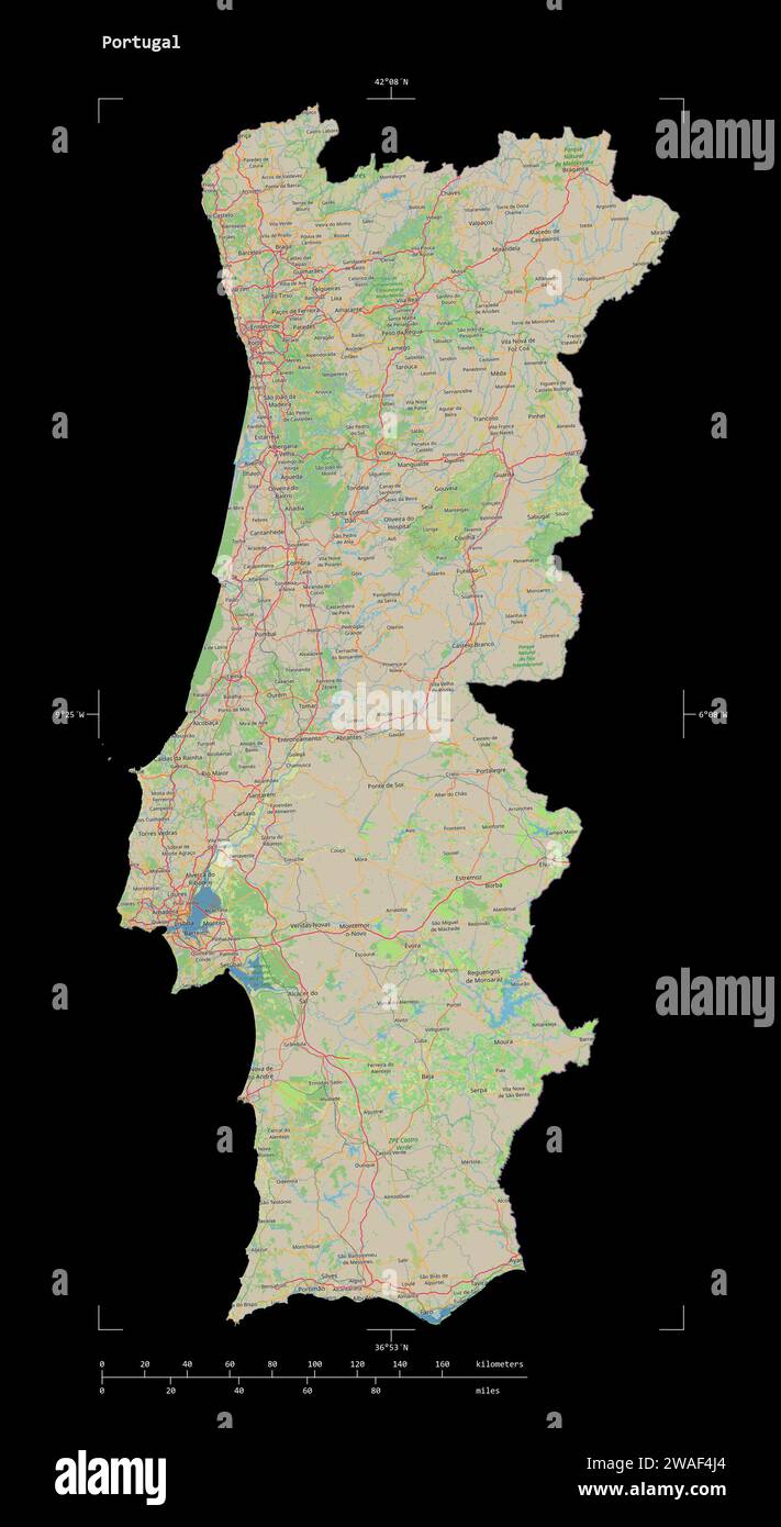 Shape of a topographic, OSM standard style map of the Portugal, with ...