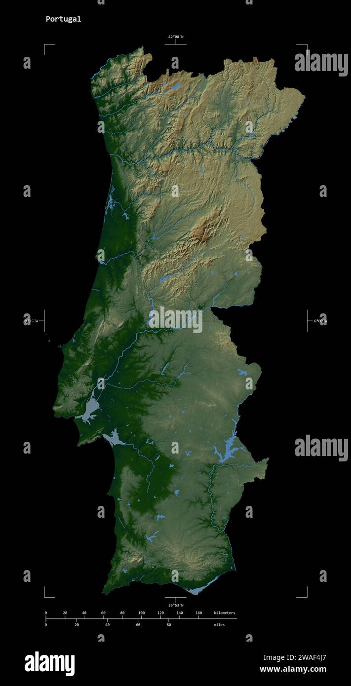 Shape of a Colored elevation map with lakes and rivers of the Portugal ...