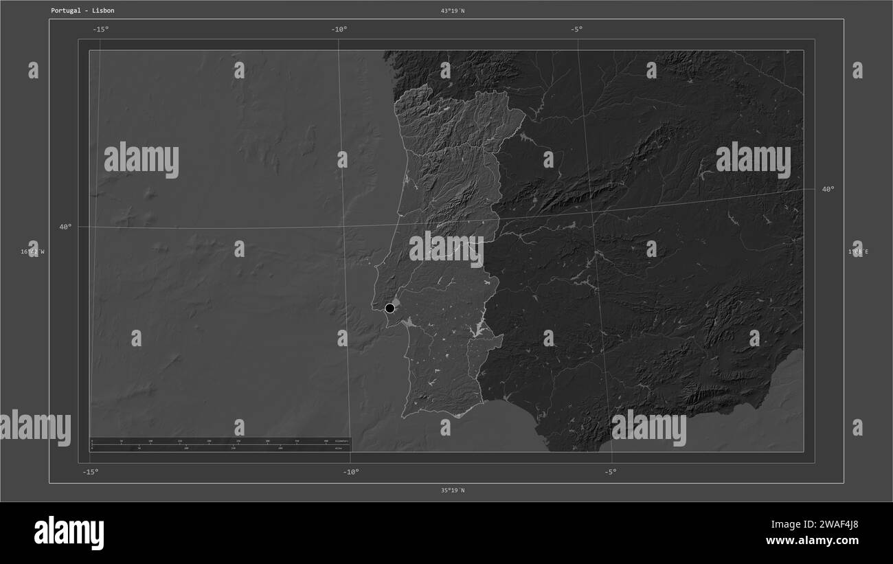 Portugal highlighted on a Bilevel elevation map with lakes and rivers ...