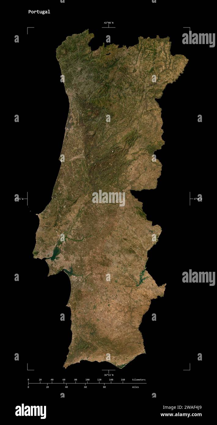 Shape of a low resolution satellite map of the Portugal, with distance ...