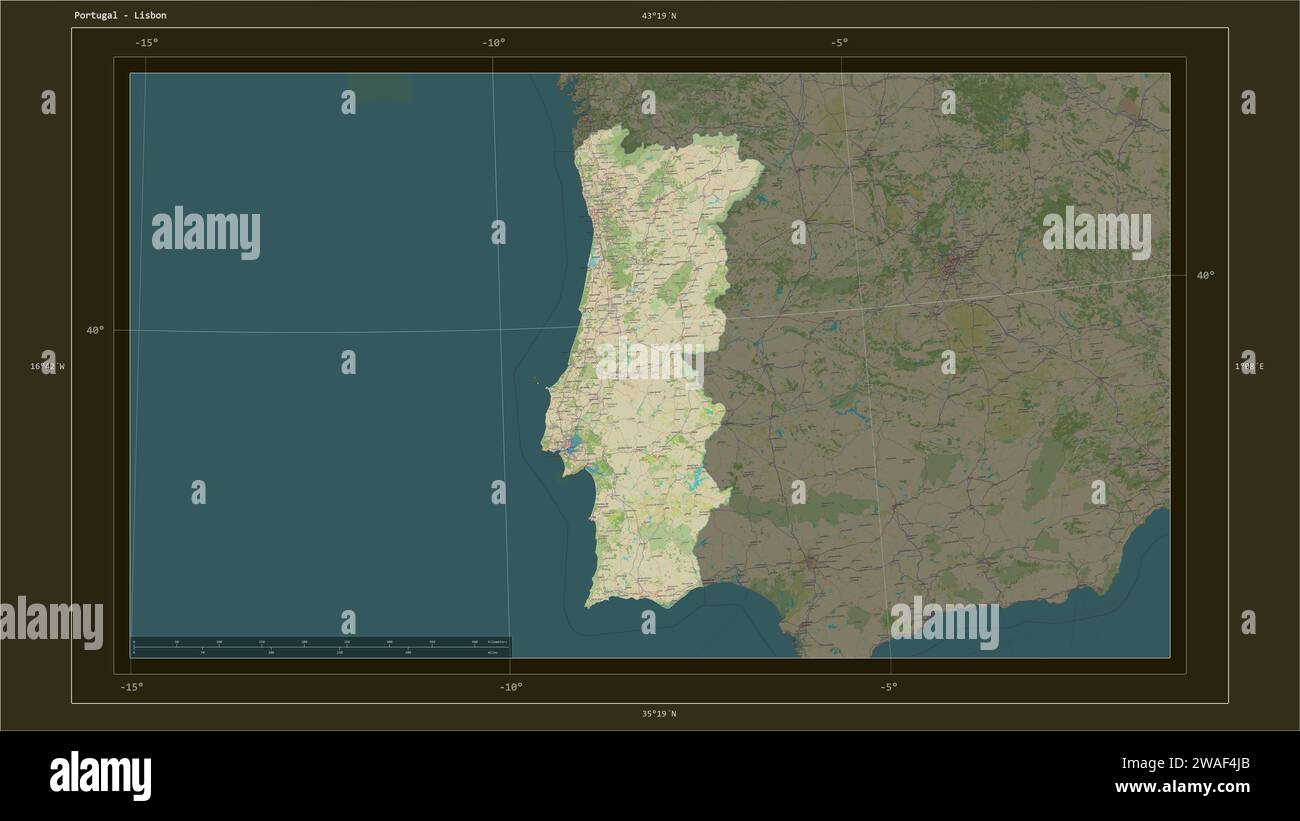 Portugal highlighted on a topographic, OSM Humanitarian style map map ...