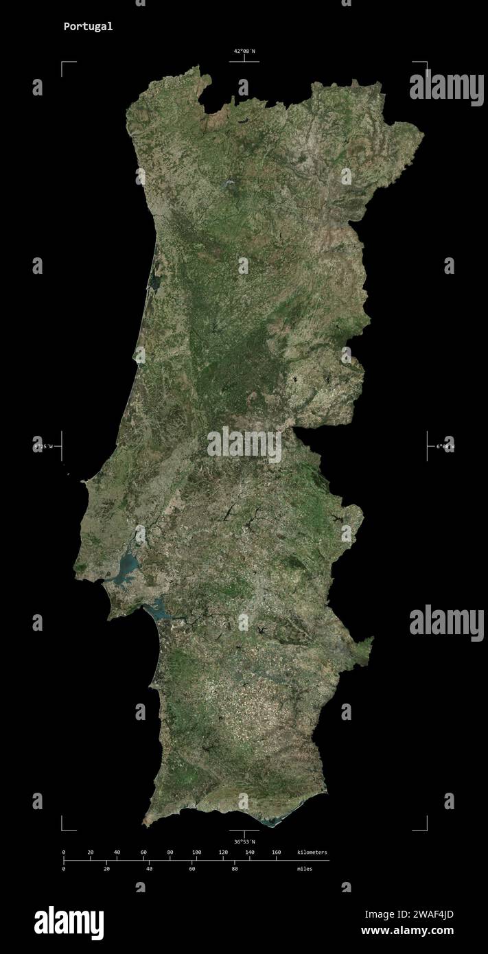 Shape of a high resolution satellite map of the Portugal, with distance ...