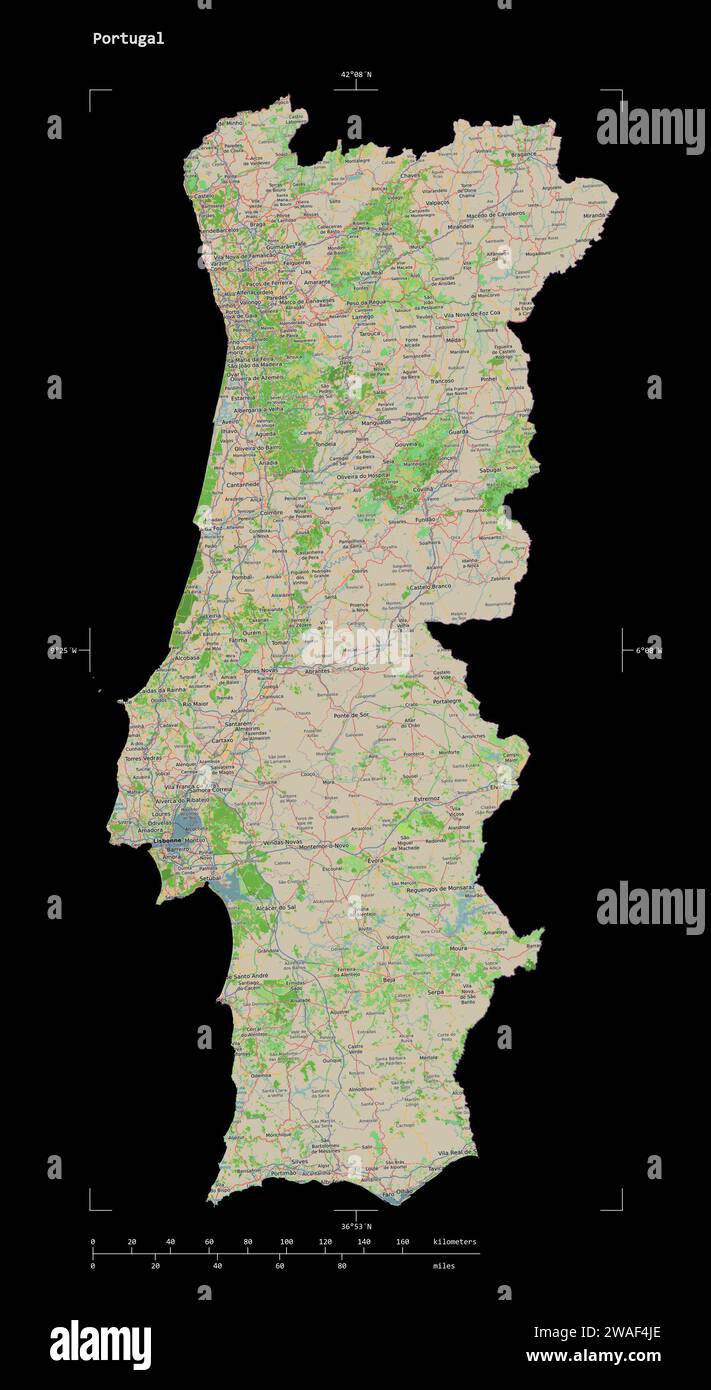 Shape of a topographic, OSM France style map of the Portugal, with ...