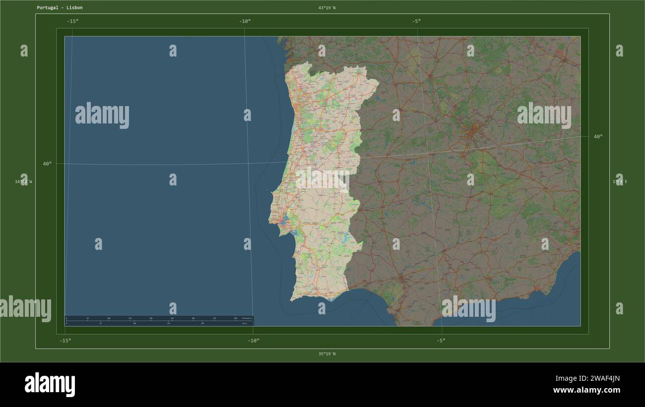Portugal highlighted on a topographic, OSM Germany style map map with ...