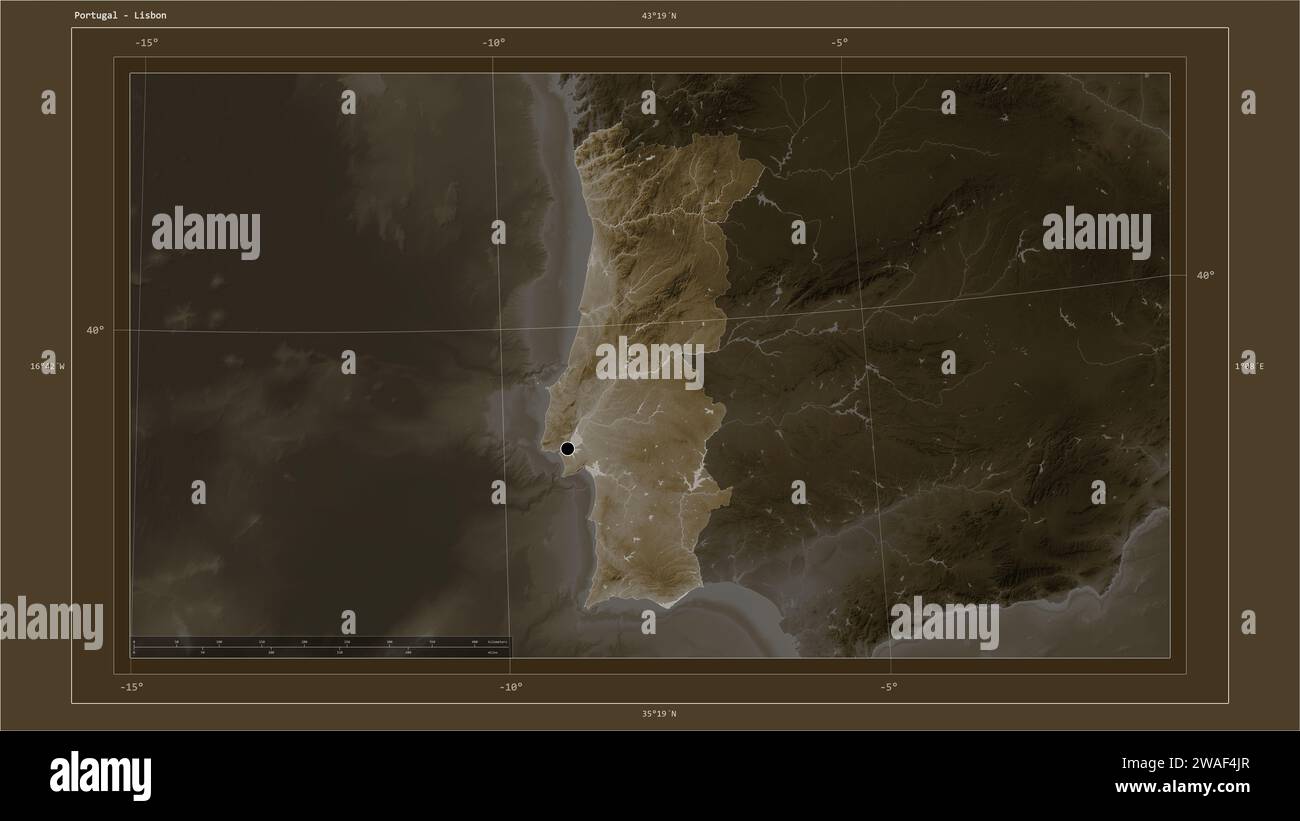 Portugal highlighted on a elevation map colored in sepia tones with ...