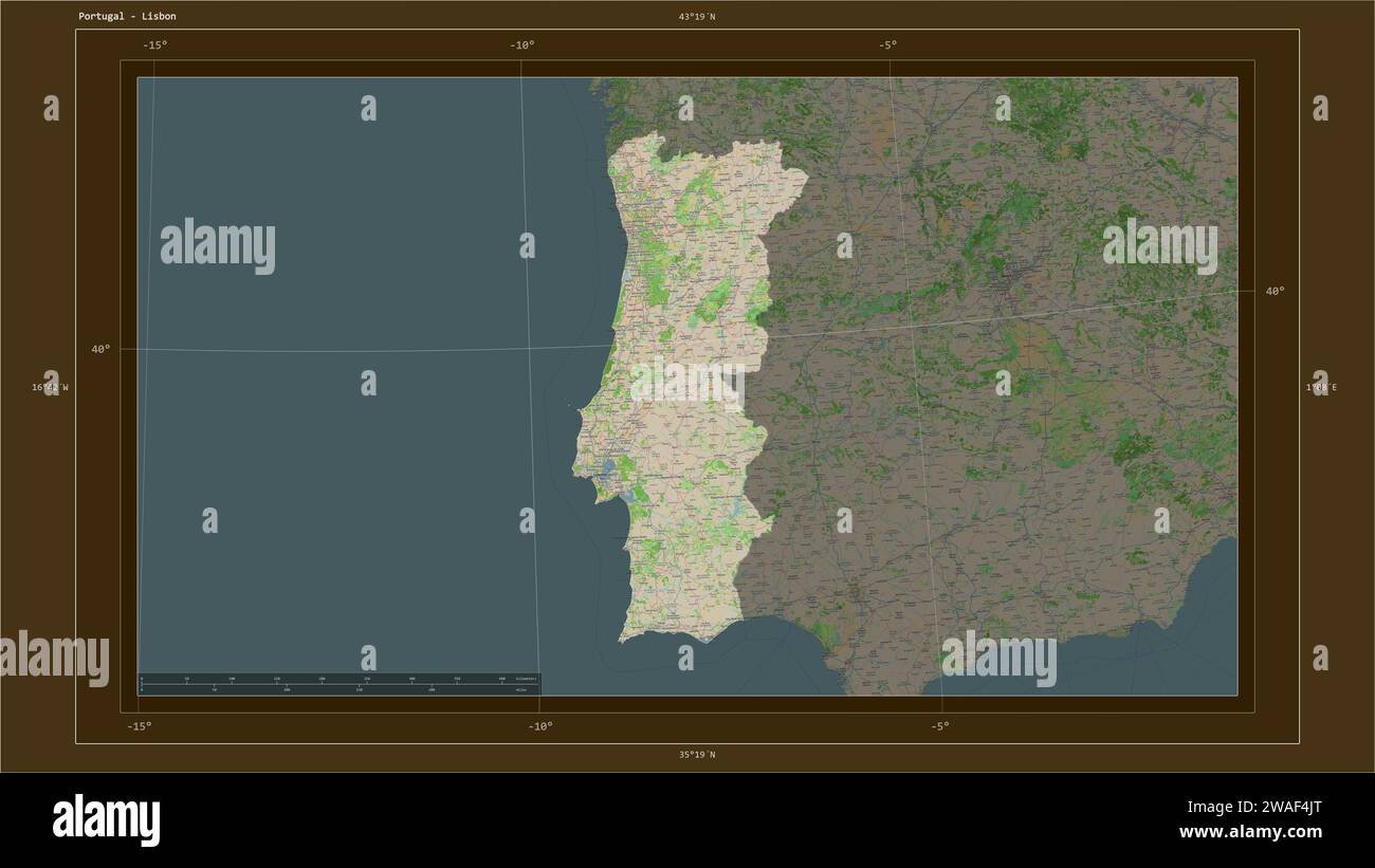 Portugal highlighted on a topographic, OSM France style map map with ...