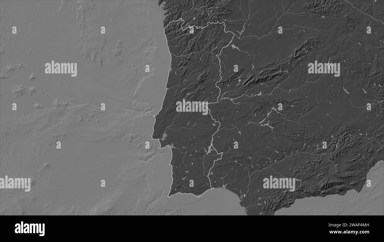 Portugal outlined on a Bilevel elevation map with lakes and rivers ...