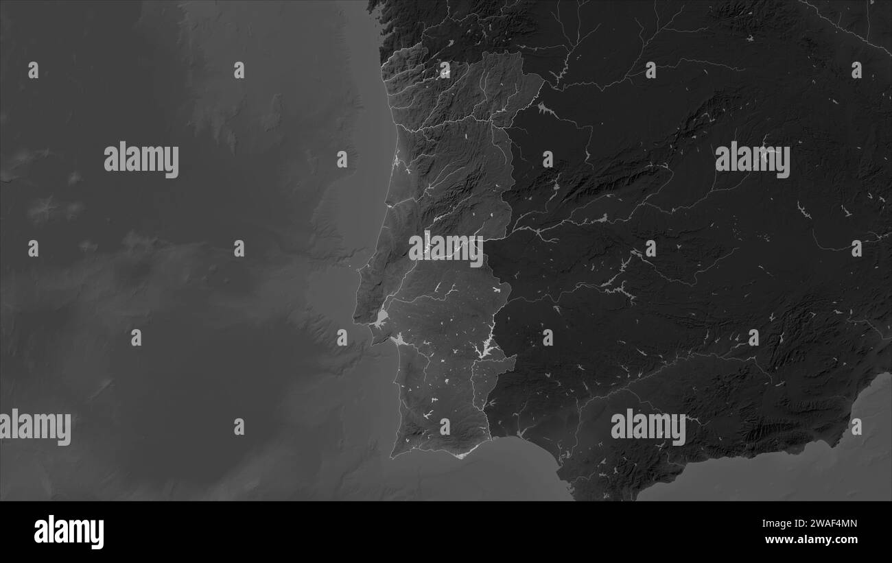 Portugal highlighted on a Grayscale elevation map with lakes and rivers ...