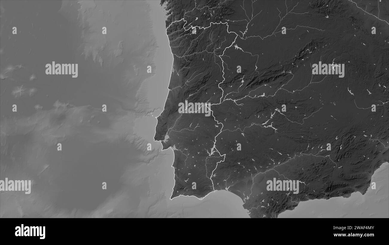 Portugal outlined on a Grayscale elevation map with lakes and rivers ...